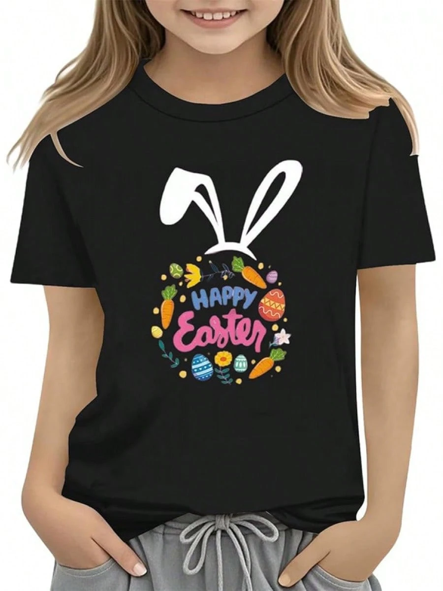 children’s wear Girl's Cute Festive Bunny Happy Easter Graphic T-Shirt ...