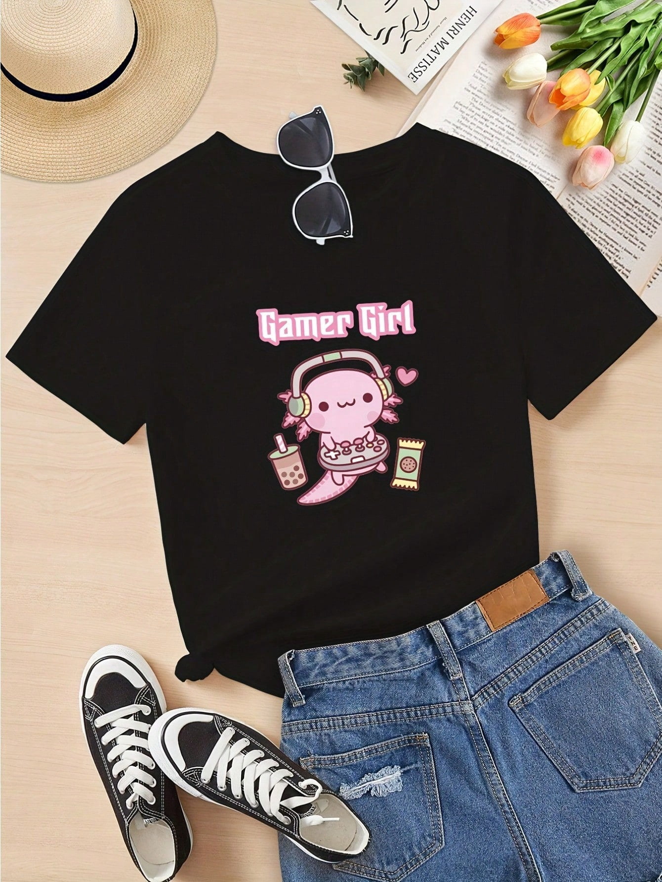 children's wear Kawaii Axolotl Gamer Girl Graphic T-Shirt Cute Gaming ...