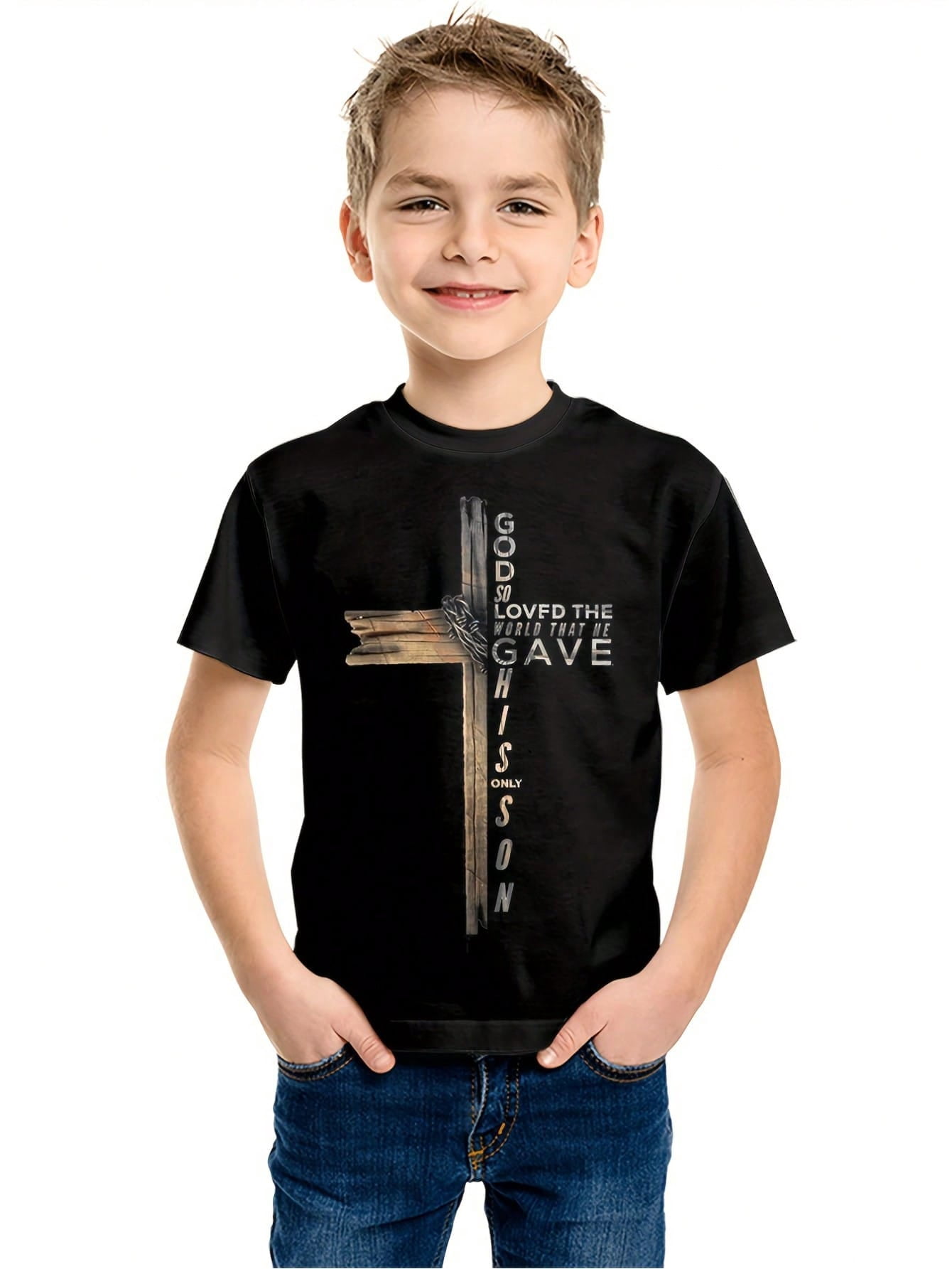 children’s wear Kids Christian Bible Verse T-Shirt John 3:16 Cross ...