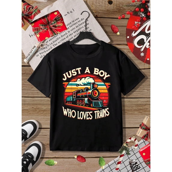 children’s wear Retro Just A Boy Who Loves Trains T-Shirt Cute Vintage ...
