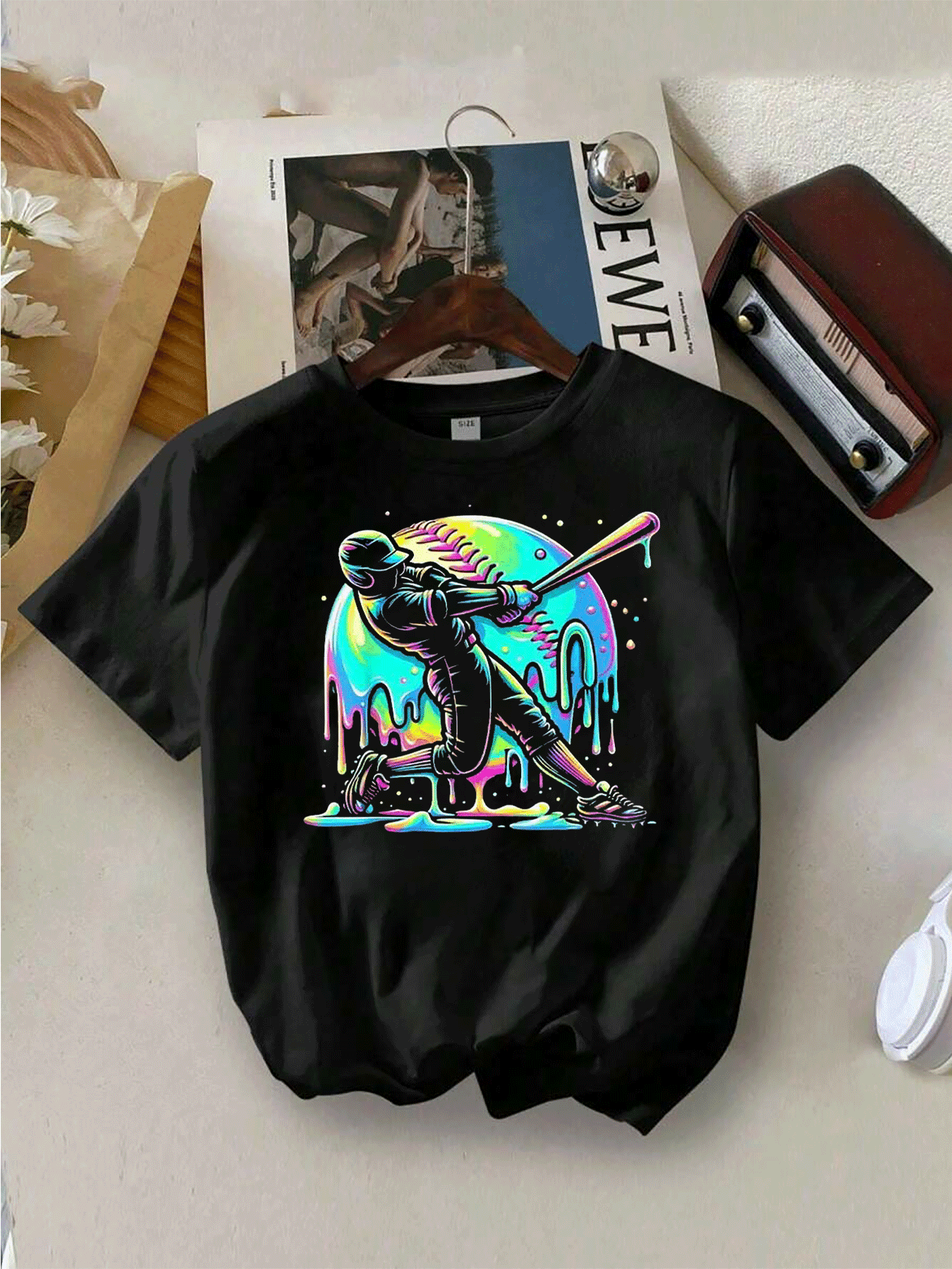 children’s wear Retro Neon Baseball Player Hitter Graphic T-Shirt for ...