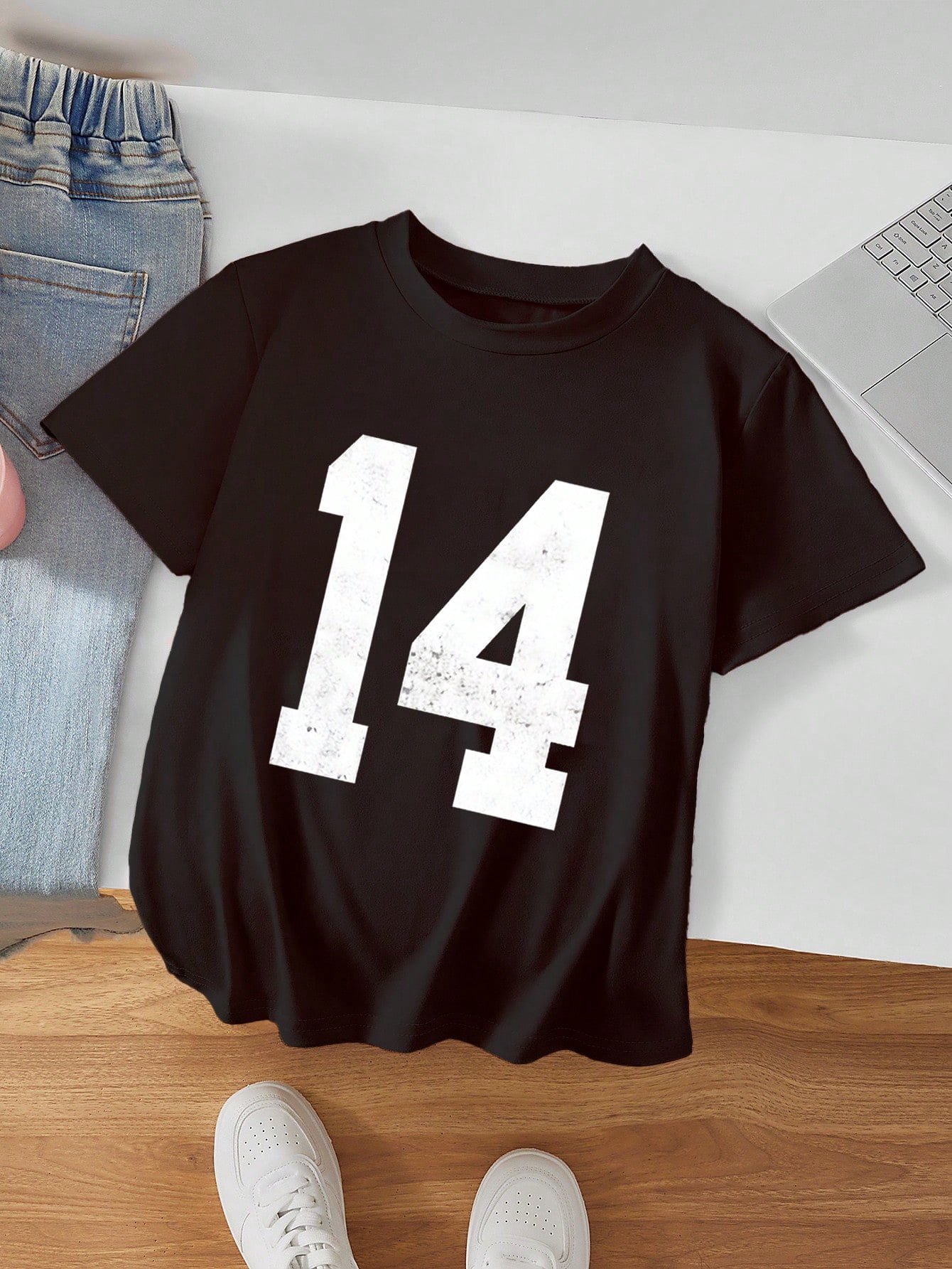 children’s wear Retro Number 14 Sports Varsity Style Black Cotton T ...