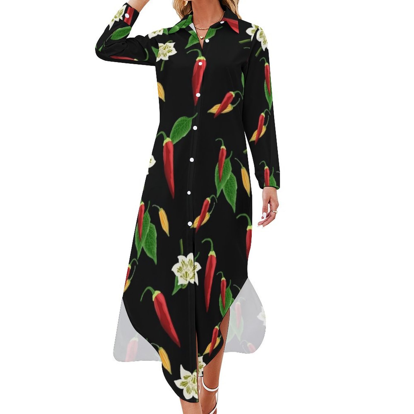 chilli peppers Long Sleeved Shirt Dress long dress women dress summer ...