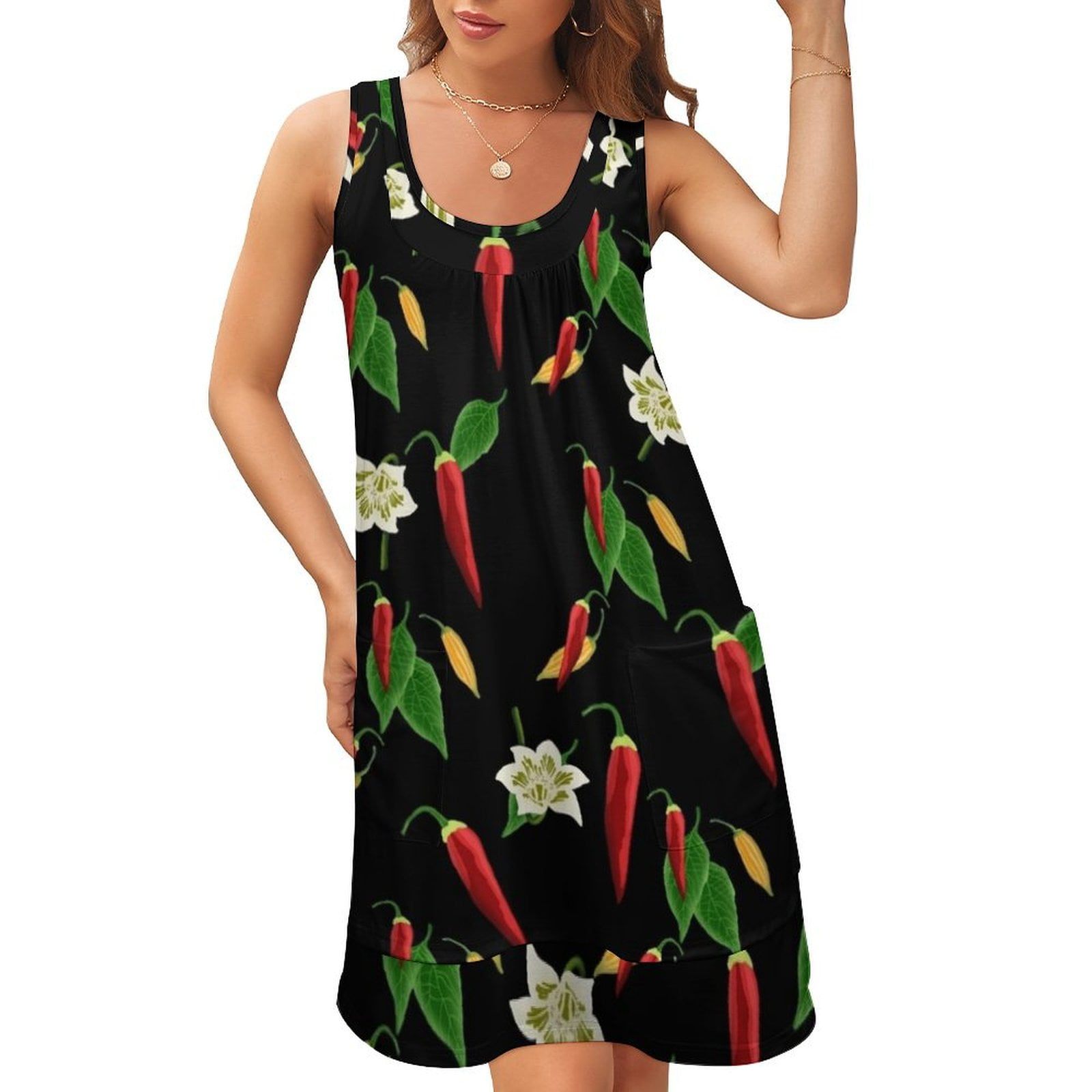 chilli peppers Sleeveless U-Neck Fake Two Piece Dress dresses for ...