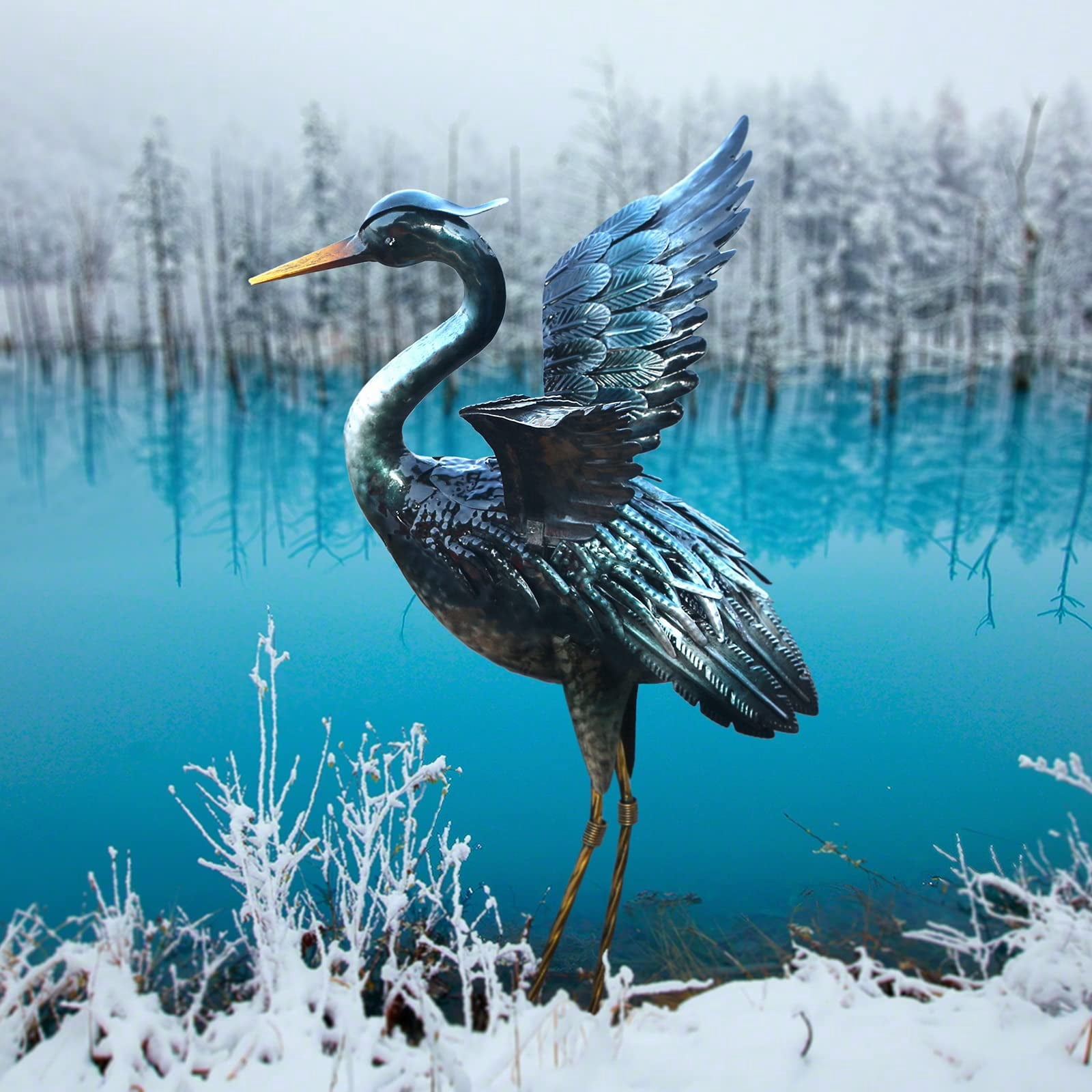 chisheen Crane Garden AJH3 Statue Sculpture, Metal Heron Outdoor Decor ...