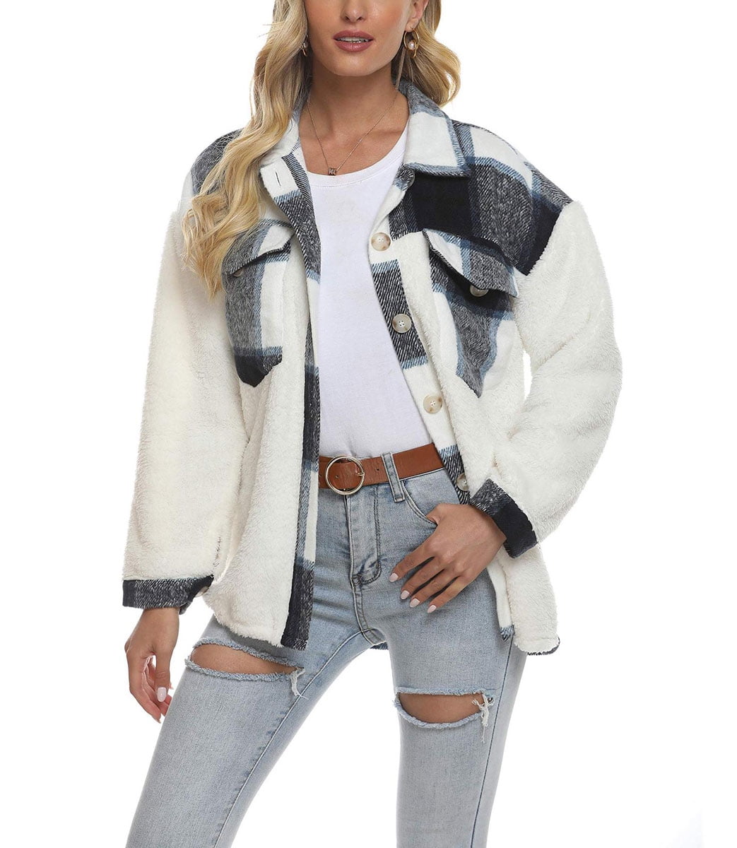 chouyatou Women's Casual Long Sleeve Sherpa Fleece Spliced Plaid ...