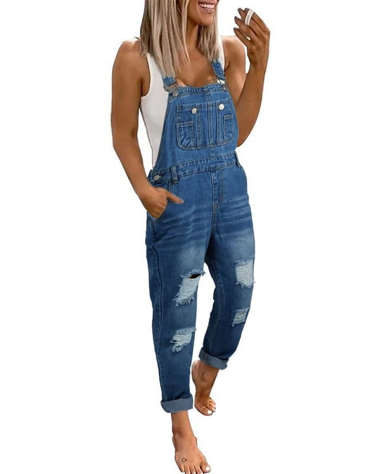 chouyatou Women's Fashion Jean Bib Overalls Adjustable Straps Ripped ...