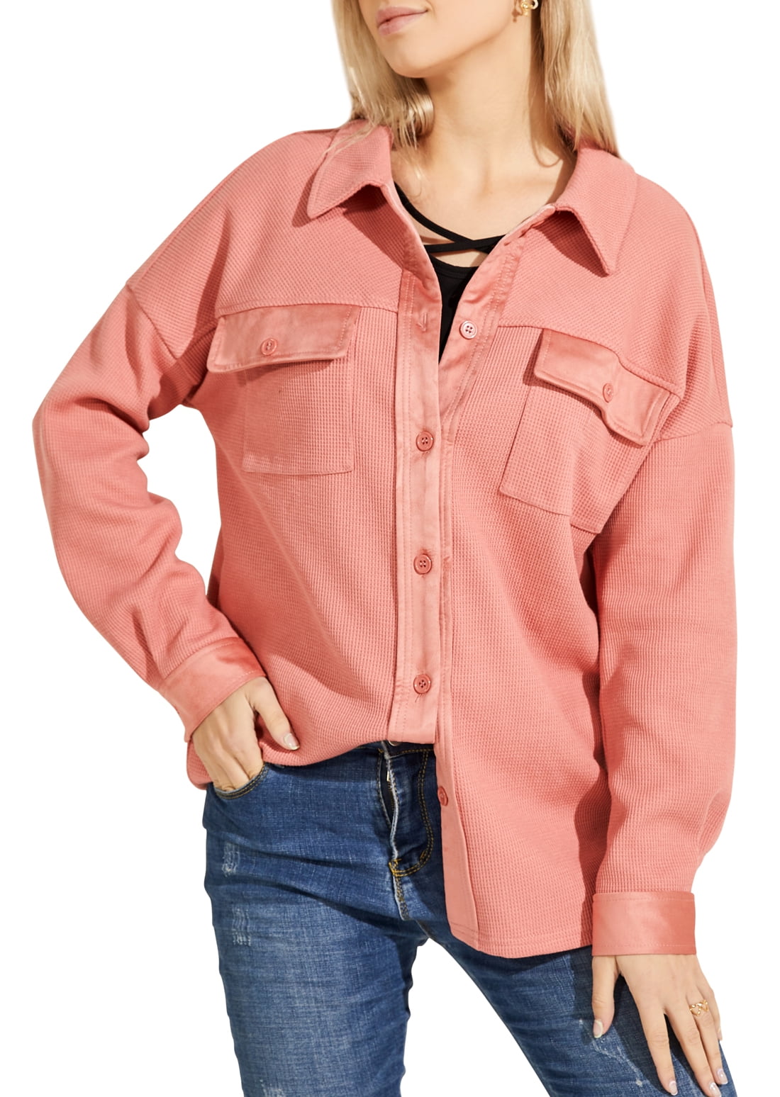 chouyatou Women's Vintage Spread Collar Waffle Knit Button Down ...