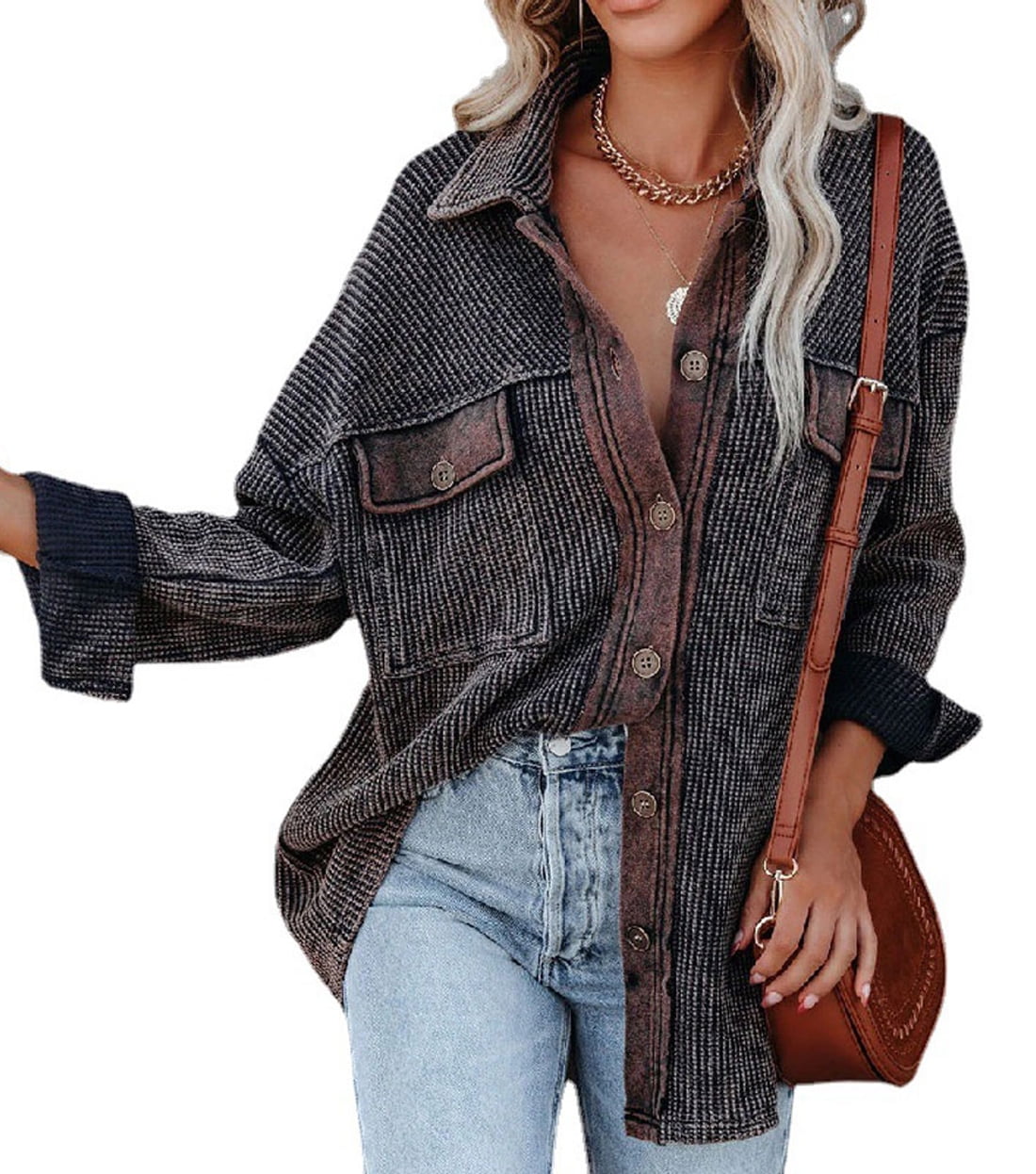 chouyatou Women's Vintage Spread Collar Waffle Knit Button Down ...