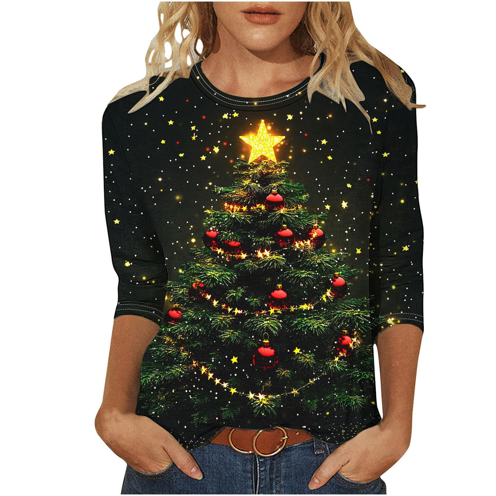 chrismas Shirts for Women 3/4 Sleeve Round Neck Funny Xmas Holiday ...