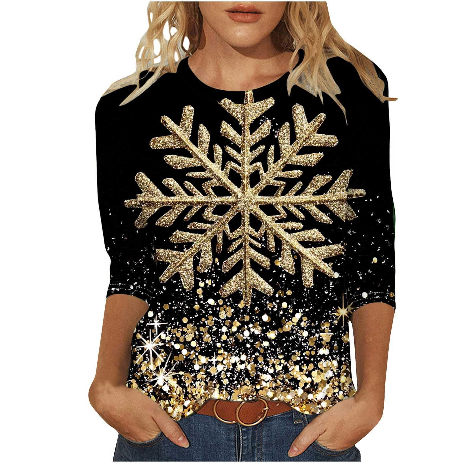 chrismas Shirts for Women 3/4 Sleeve Round Neck Funny Xmas Holiday ...