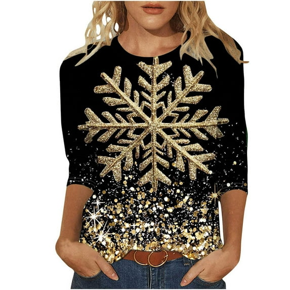 chrismas Shirts for Women 3/4 Sleeve Round Neck Funny Xmas Holiday ...