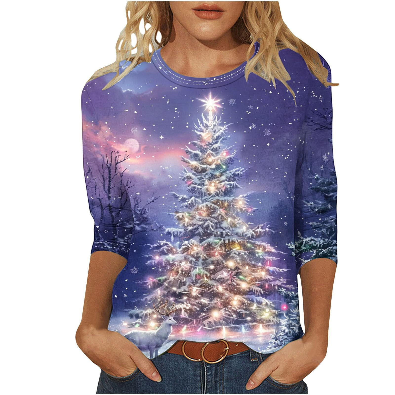 chrismas Shirts for Women 3/4 Sleeve Round Neck Funny Xmas Holiday ...