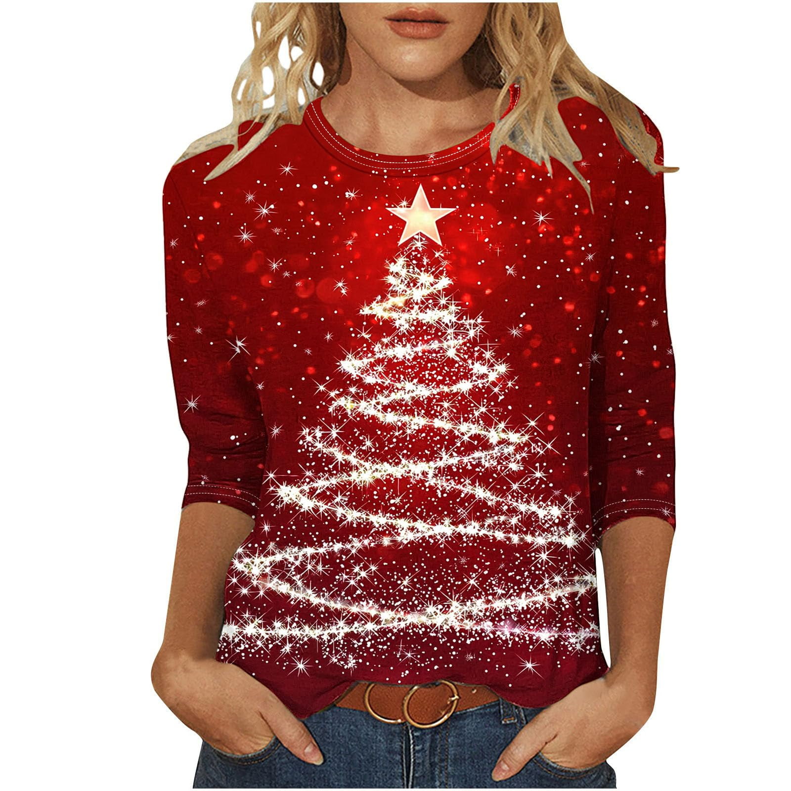 chrismas Shirts for Women 3/4 Sleeve Round Neck Funny Xmas Holiday ...