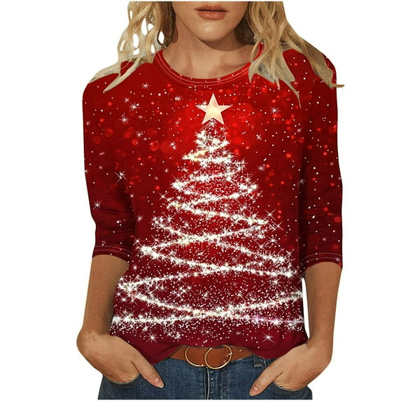 chrismas Shirts for Women 3/4 Sleeve Round Neck Funny Xmas Holiday ...