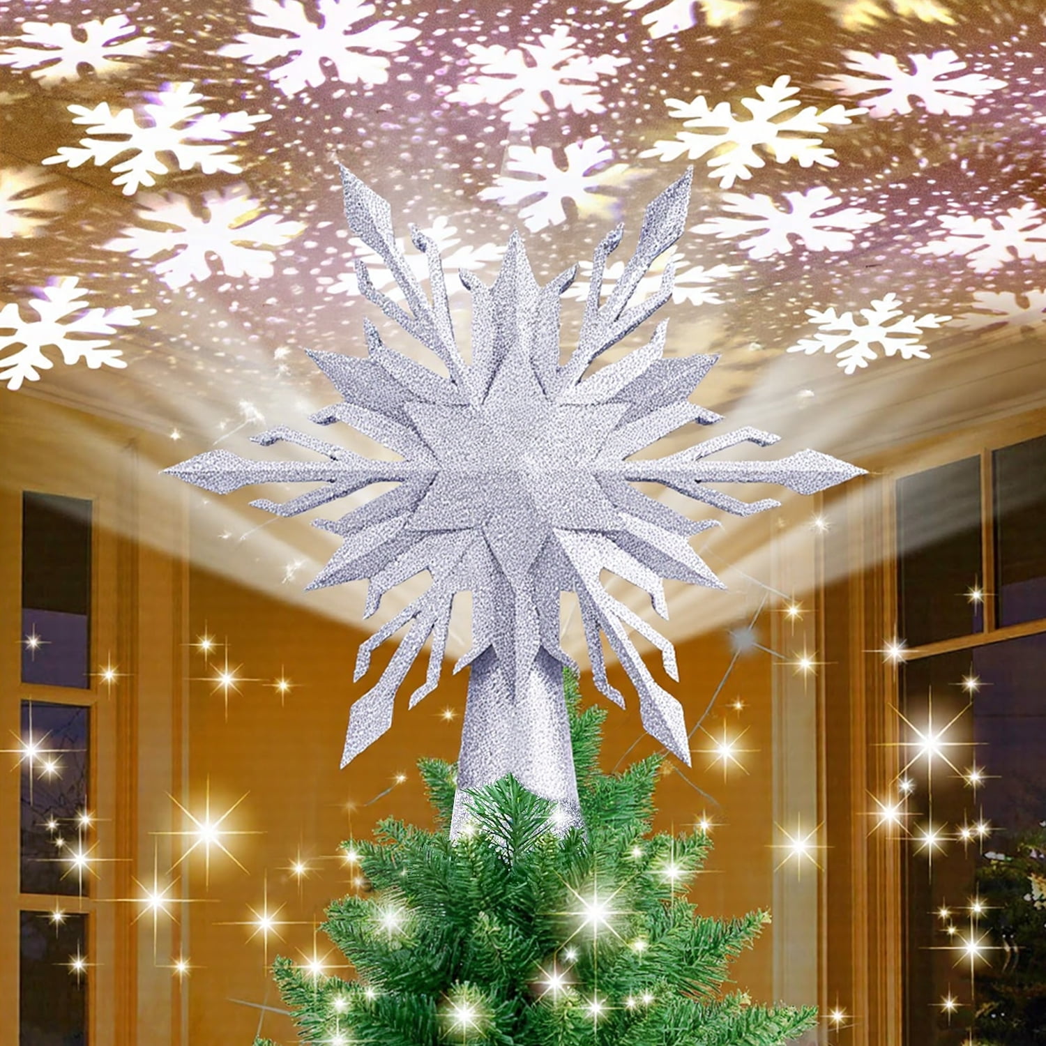 Behome Christmas Tree Topper, Snowflake Tree Topper Magic Rotating ...