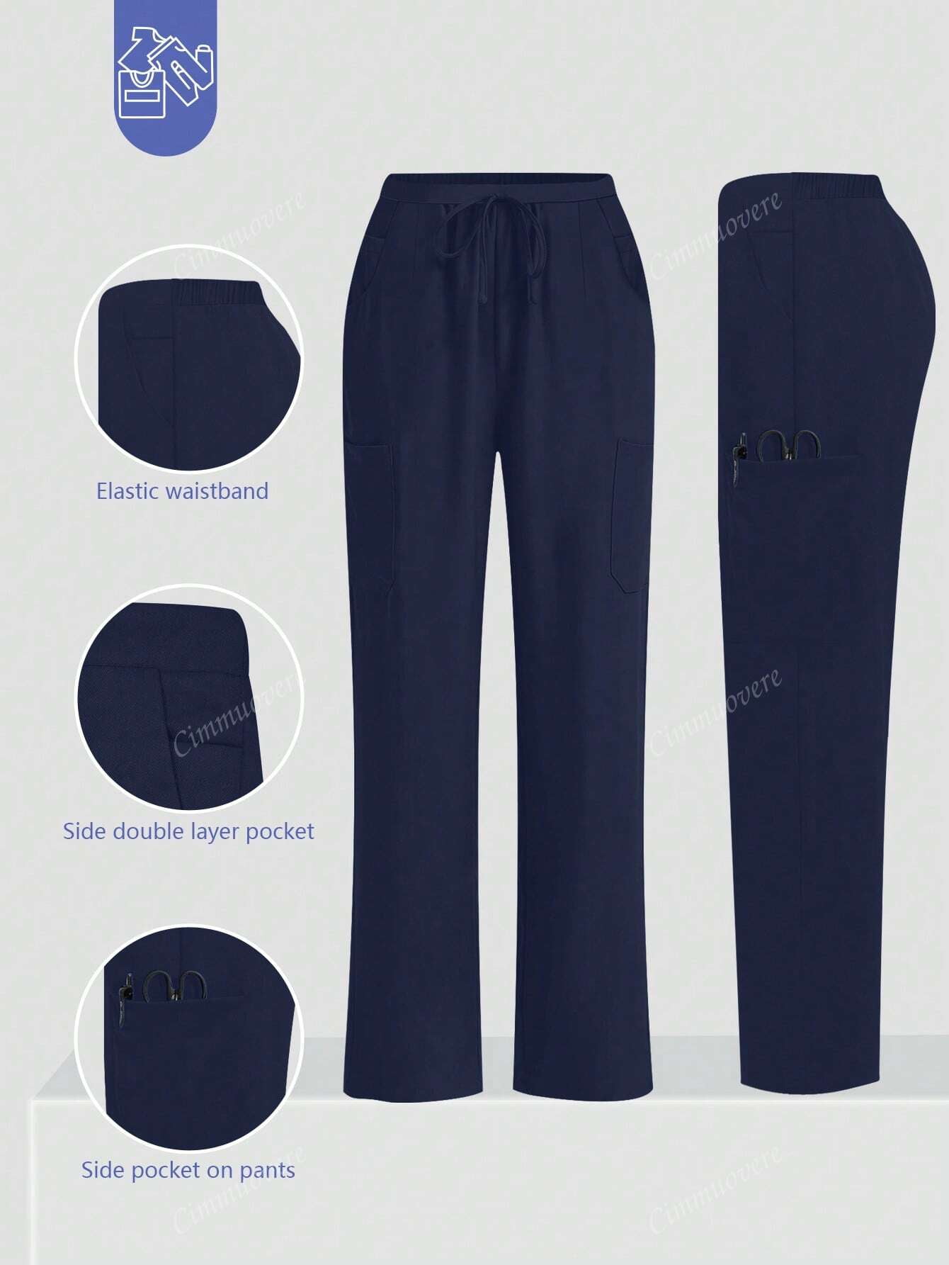 cimmuovere Casual Commuting 6 Pocket Elastic Waist Loose Pants Scrub ...