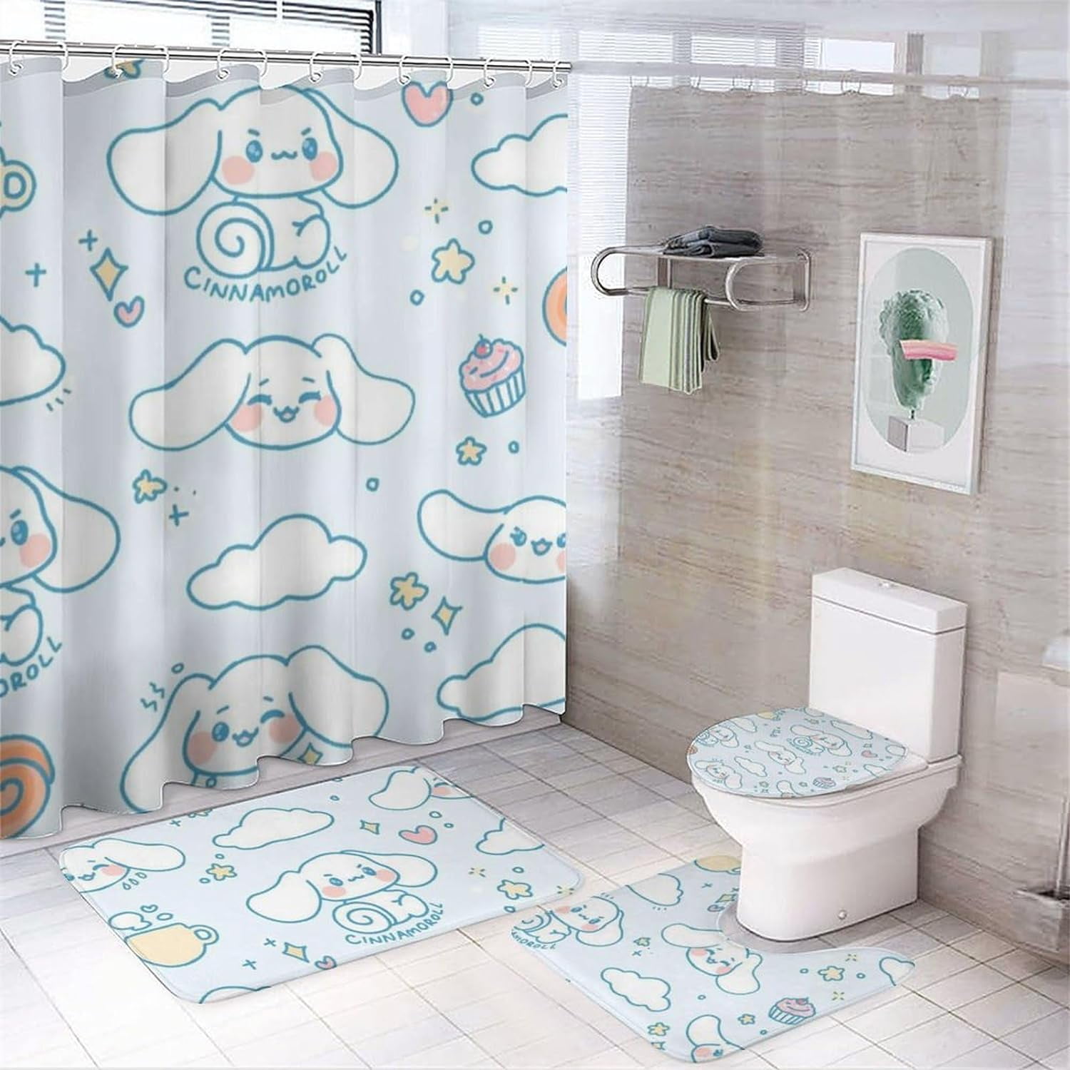 cinnamorol-l 4 Pcs Bathroom Shower Curtain Set Bathroom Set Shower ...