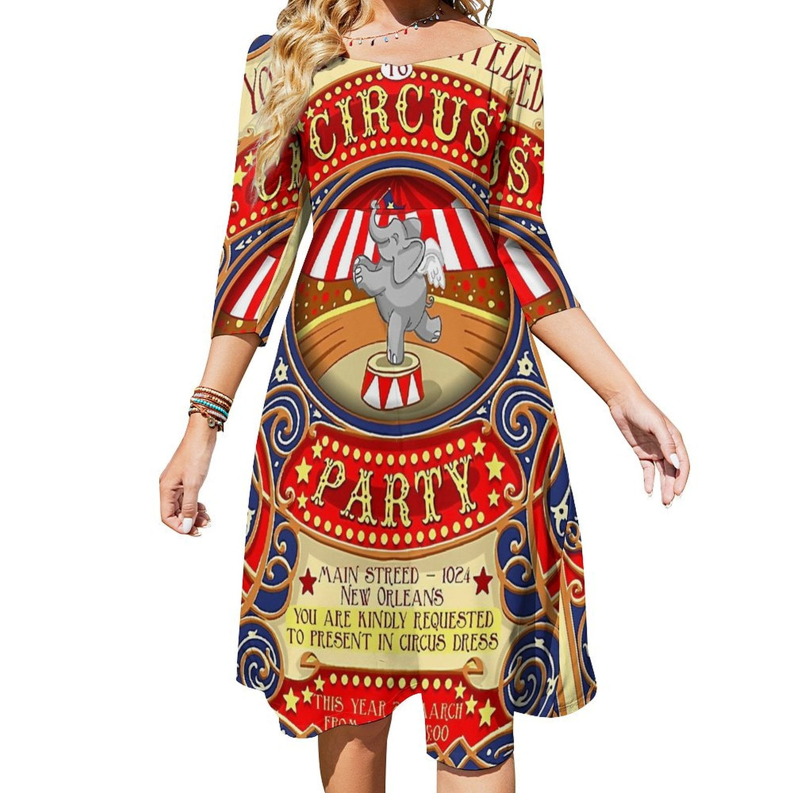 circus Women's 3/4 Sleeve Dresses Elegant A-Line Midi Dress Flare Summer Casual Sundress ...