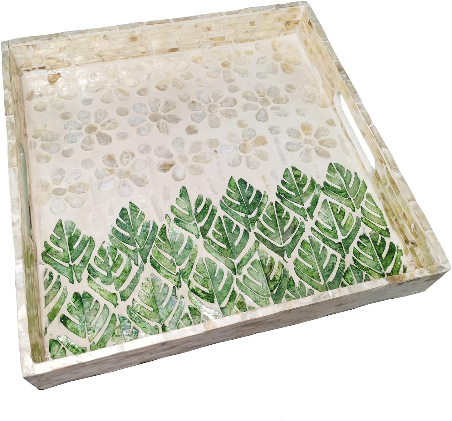 cjjojobiubiu 14 Inch Green Beige Mother of Pearl Tray Large Lacquer ...