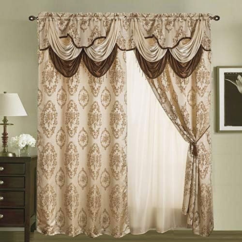 classical jacquard window drape set, 2 panels with attached valance ...