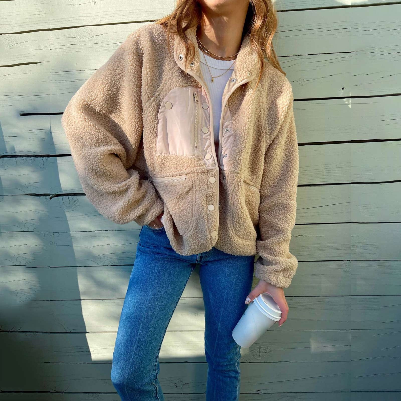 clear Usmixi Womens Winter Fleece Coat Shacket for Women Long Sleeve ...