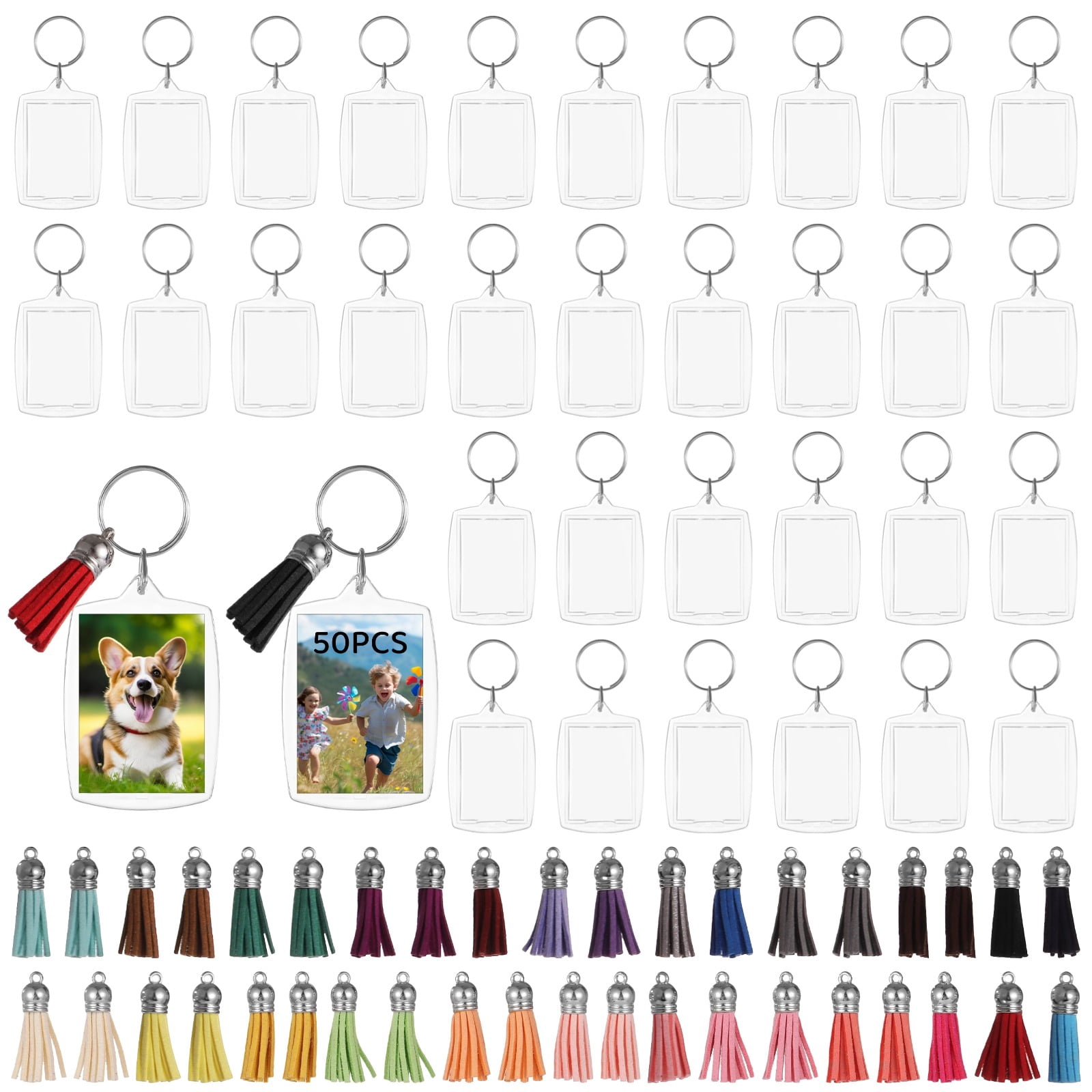 50 Pcs Acrylic Photo Frame Keychain with Tassels, 2.4x1.6 in Clear ...