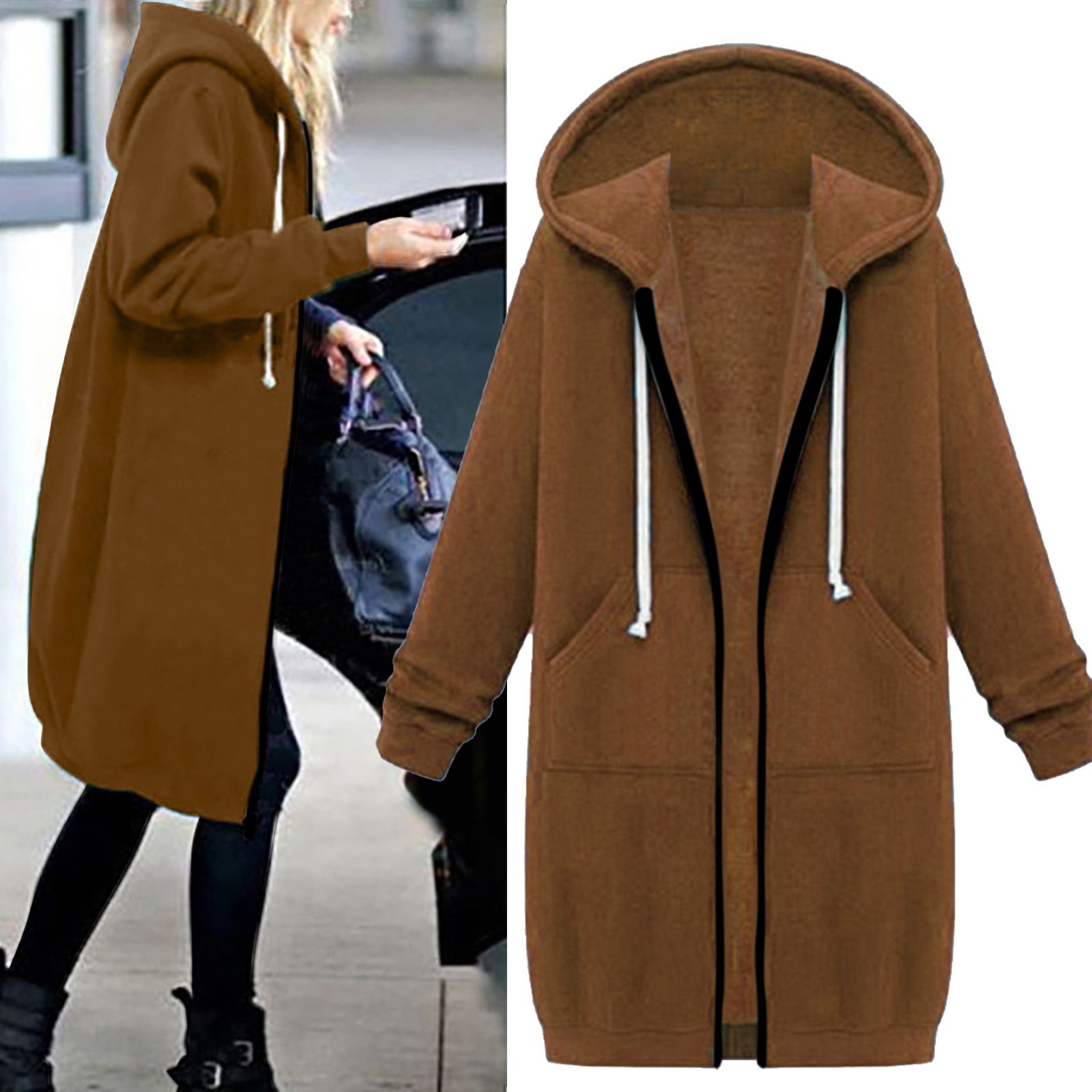 (clearance)IDALL Winter Jackets for Women Trench Coat Women Casual Long Hooded Drawstring Solid ...