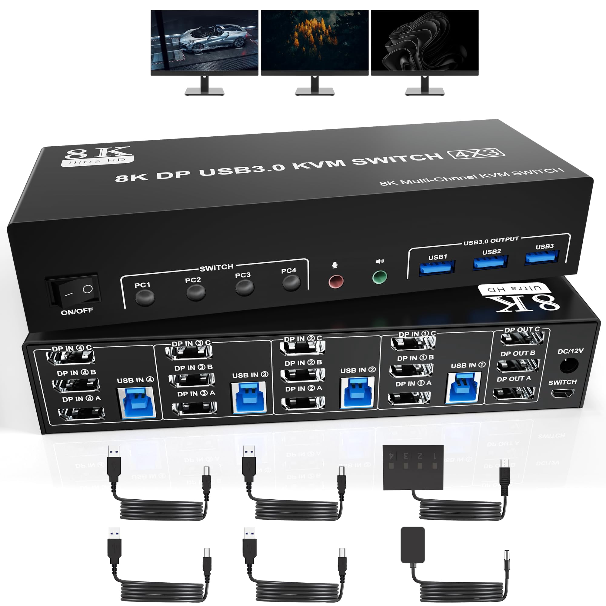 clickfish 8K@60Hz USB3.0 DisplayPort RRF12 KVM Switch 3 Monitors 4 ...