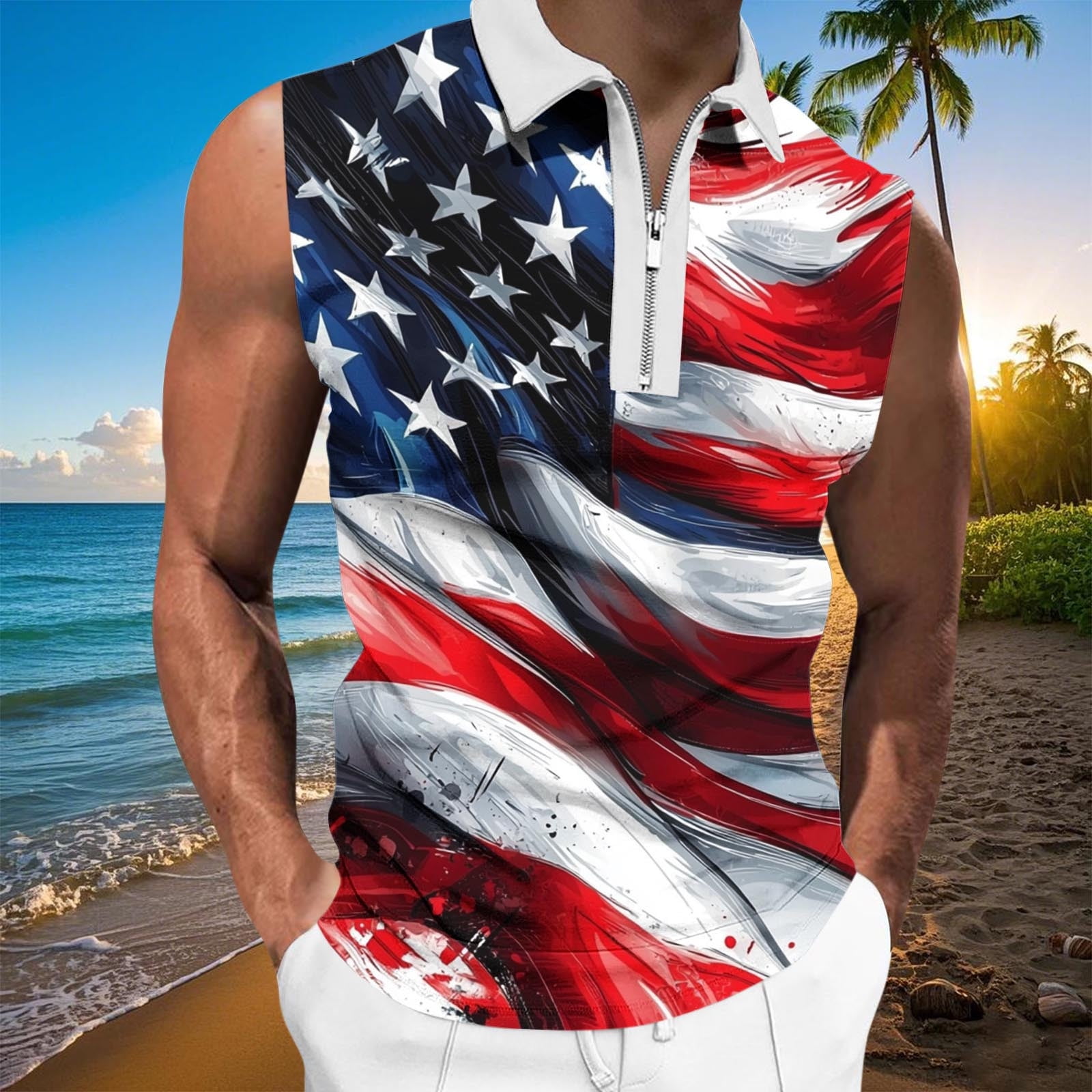 cllios 4th of July Men's Sleeveless Golf Shirts Half Zip American Flag T-Shirts Moisture Wicking ...