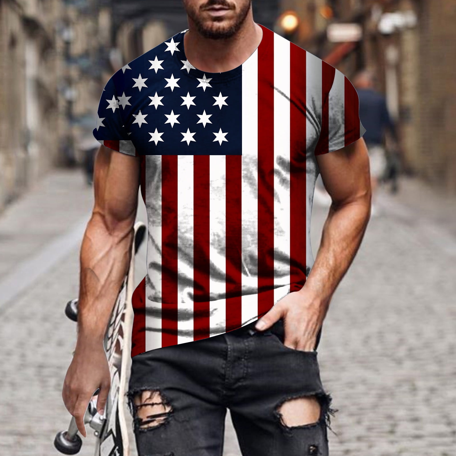 cllios 4th of July Shirts for Men Patriotic Red White and Blue Graphic Tees Regular Fit Round ...