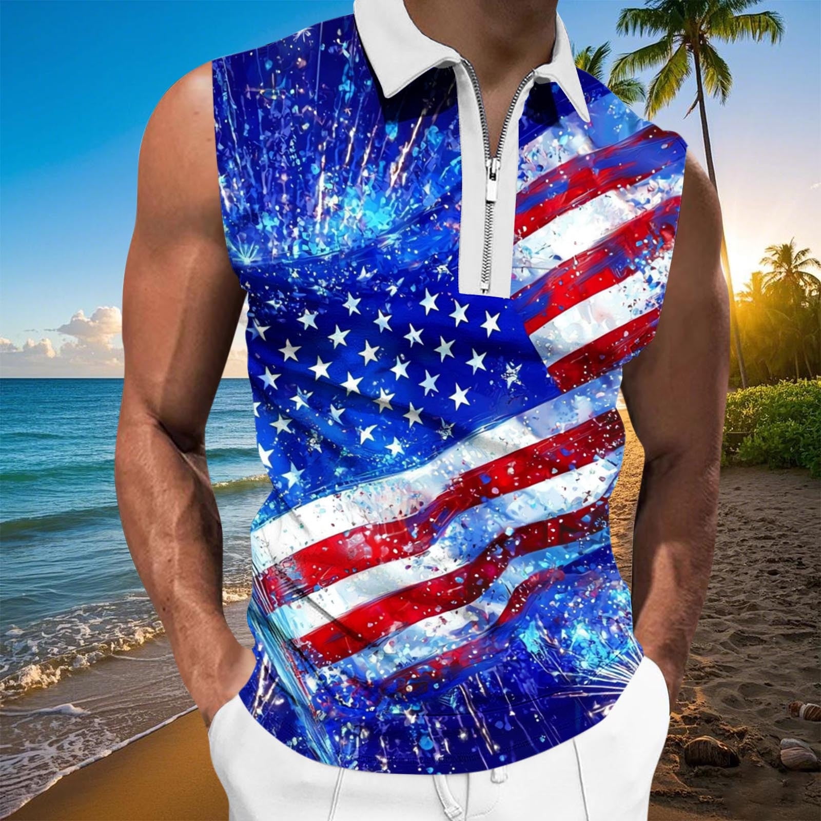 cllios 4th of July Sleeveless Golf Shirts for Men Quick Dry American Flag Tank Tops Quarter Zip ...