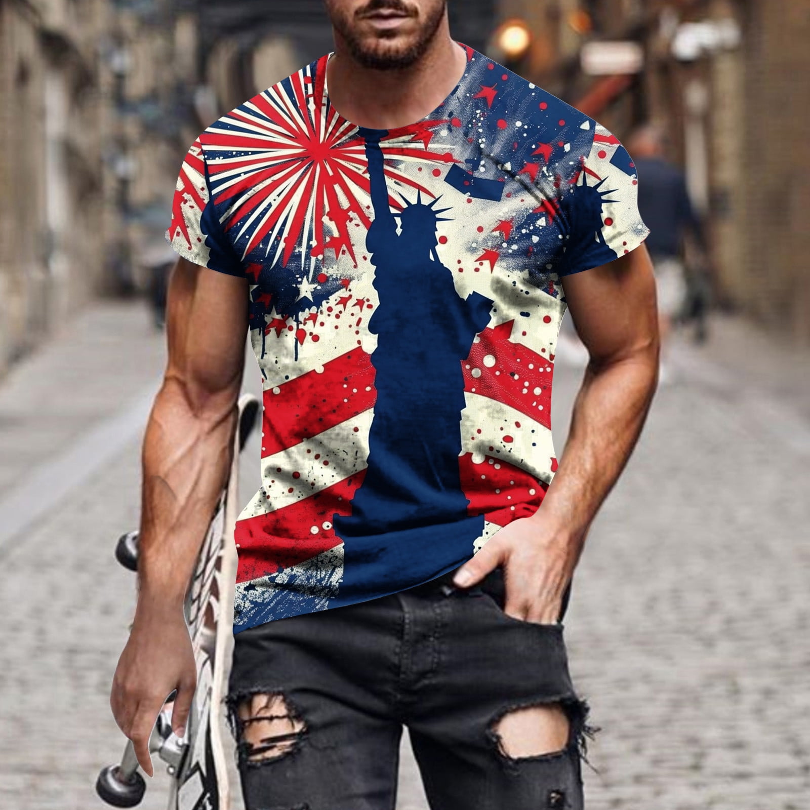 cllios 4th of July T Shirts for Men Red White and Blue Graphic Tees Lightweight Short Sleeve ...