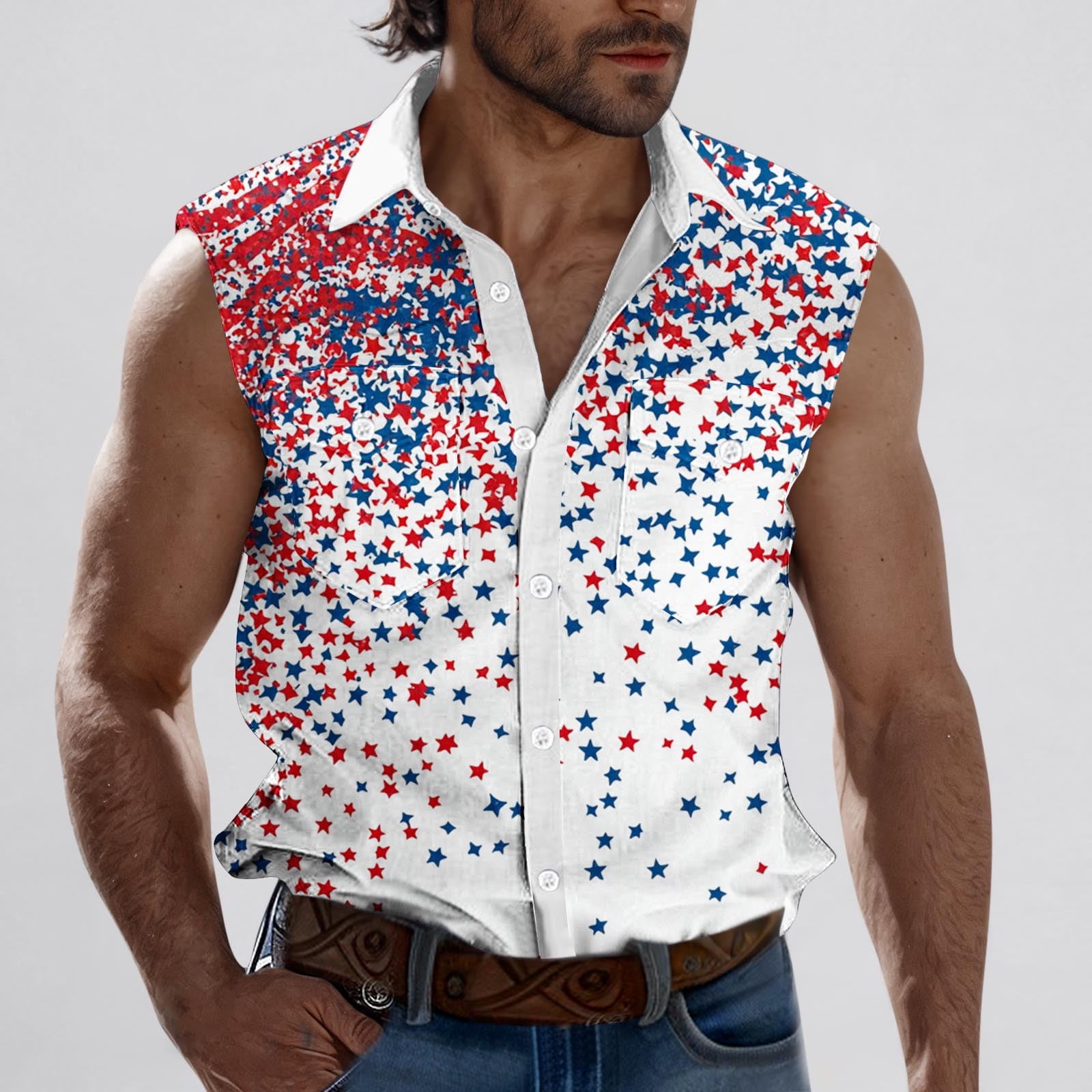 cllios 4th of July Mens Casual Button Down Shirts American Flag Tank Top Men Red White and Blue ...