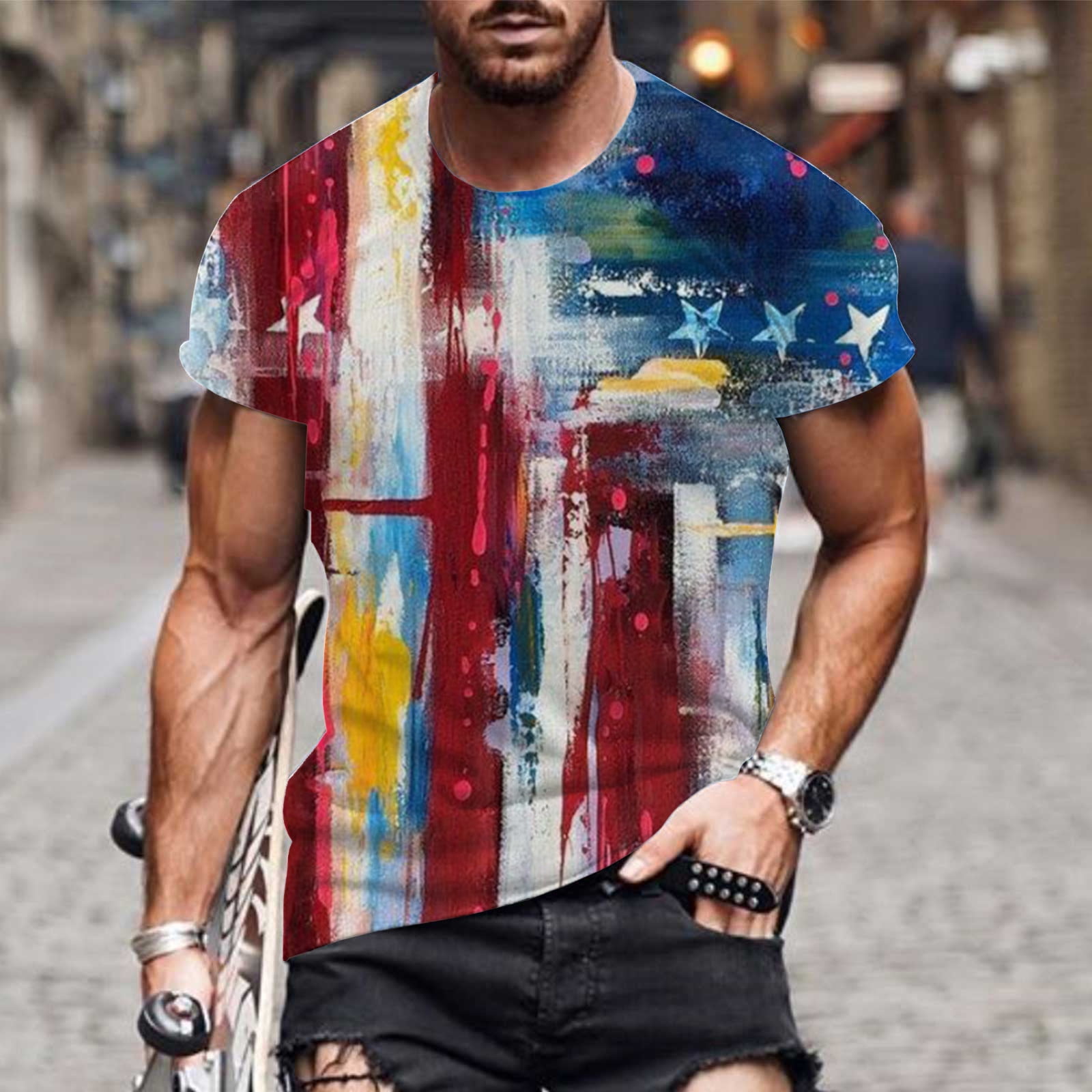 cllios 4th of July Shirts for Men Big and Tall Patriotic Red White and Blue Graphic Tees Slim ...