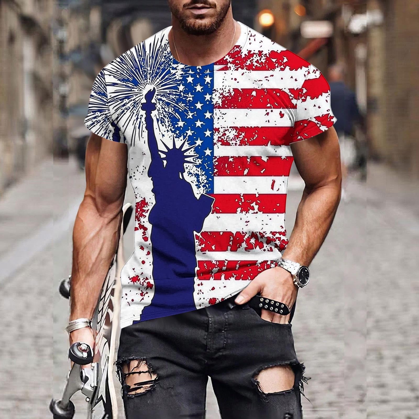 cllios 4th of July Shirts for Men Independence Day Patriotic T Shirts Mens Short Sleeve Workout ...