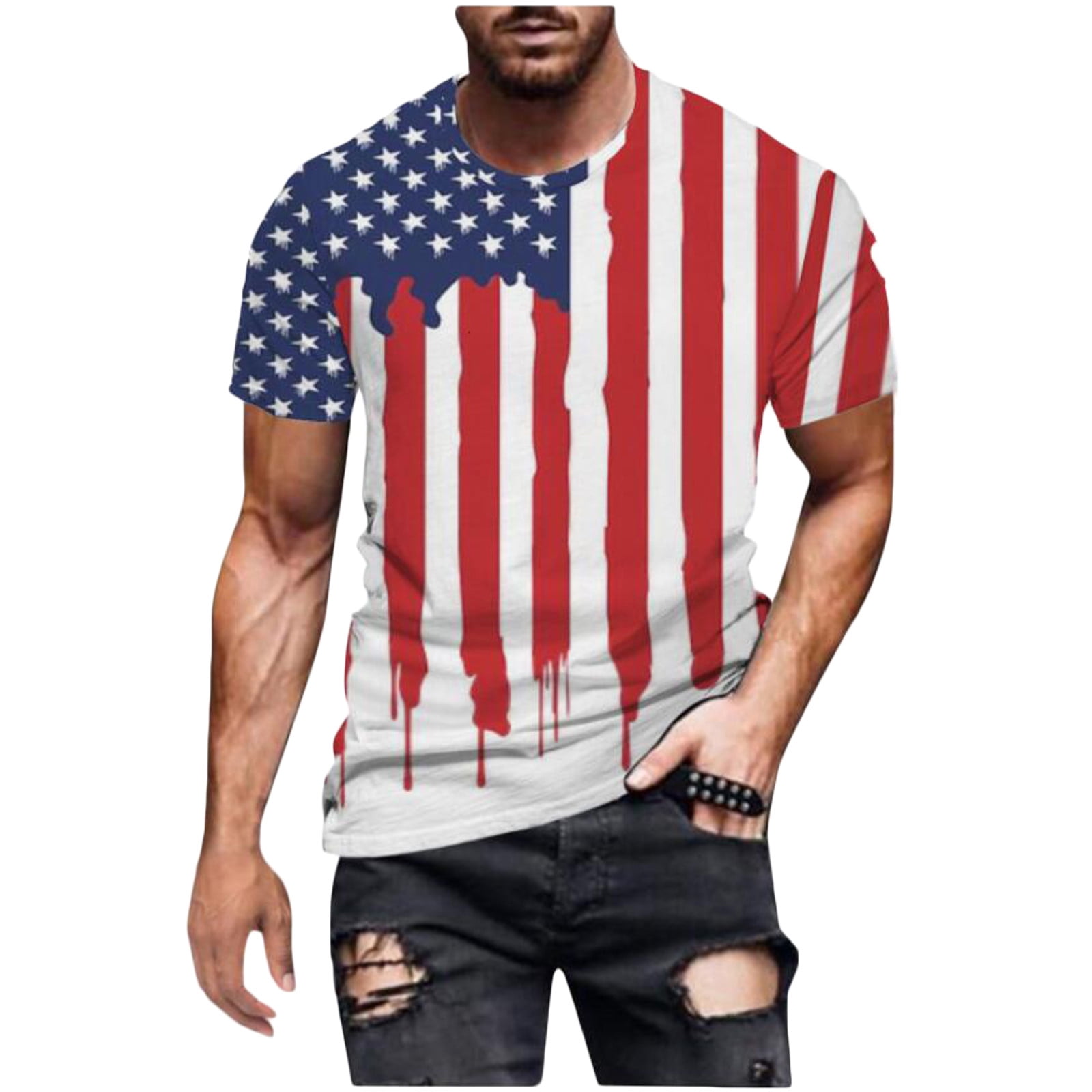 cllios 4th of July Shirts for Men Patriotic Red White and Blue Graphic Tees Slim-fit Crewneck ...