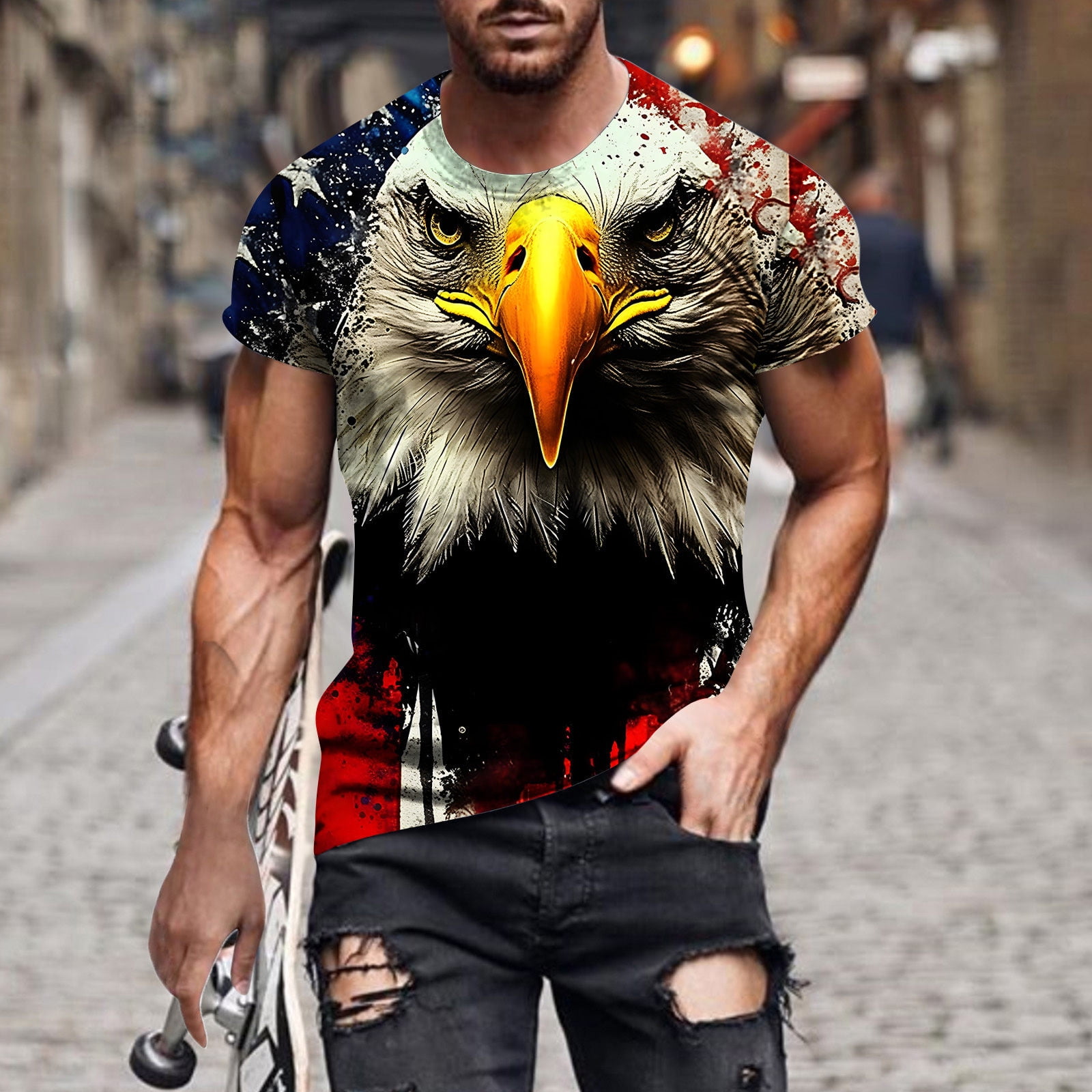 cllios 4th of July T Shirts for Men Short Sleeve Workout Shirts Distressed American Flag Graphic ...