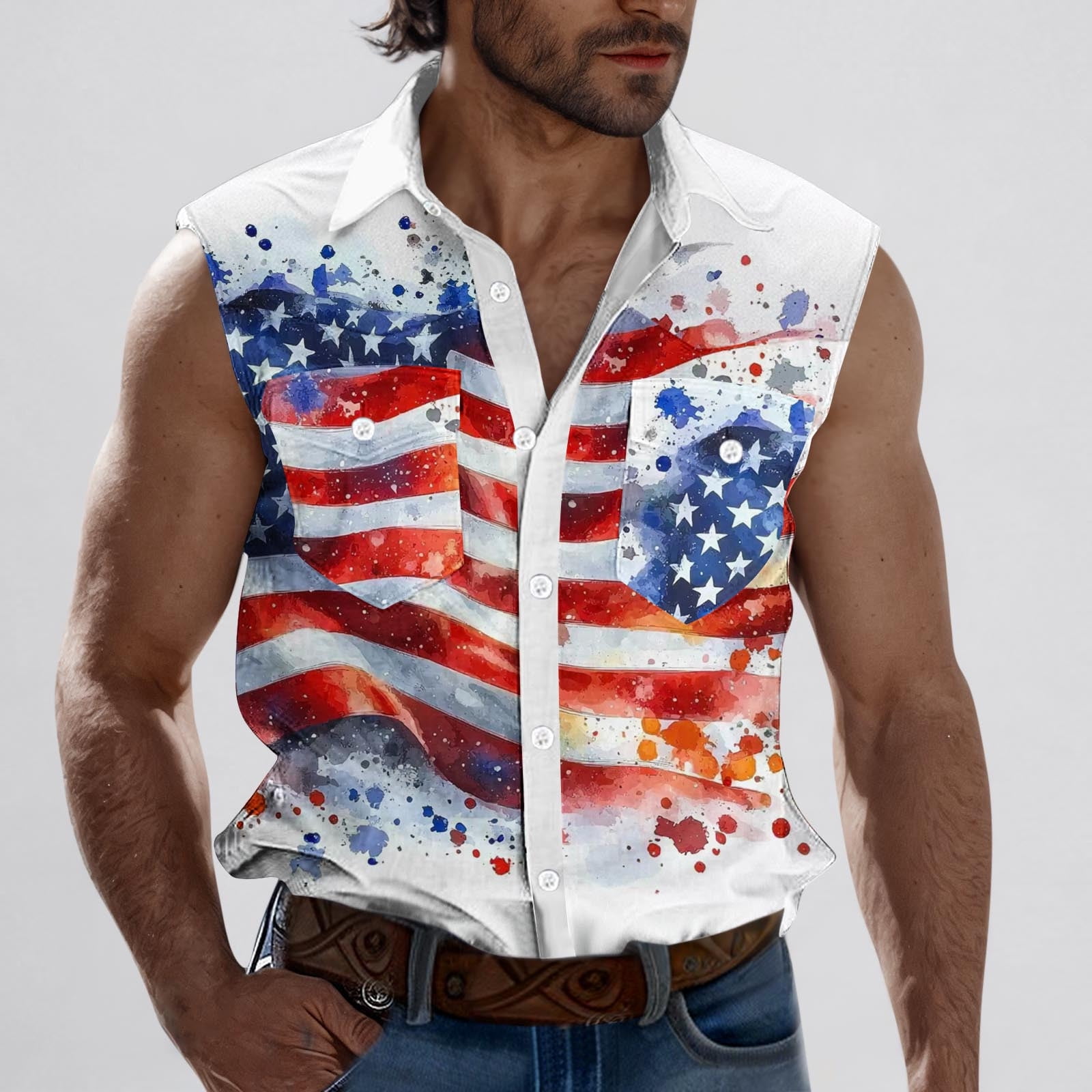 cllios 4th of July Tank Top Men Funny American Flag Sleeveless Muscle Shirts Button Down Casual ...