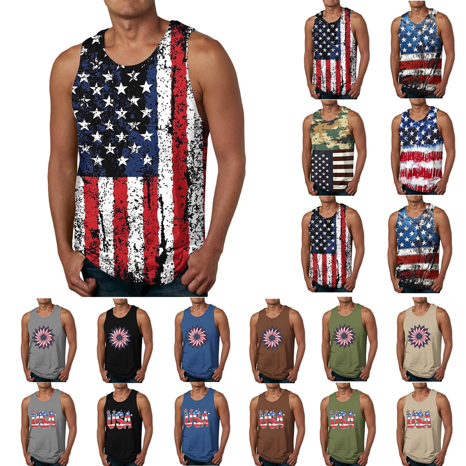 cllios 4th of July Tank Tops for Men Patriotic Red White and Blue Graphic Tees Summer Casual ...