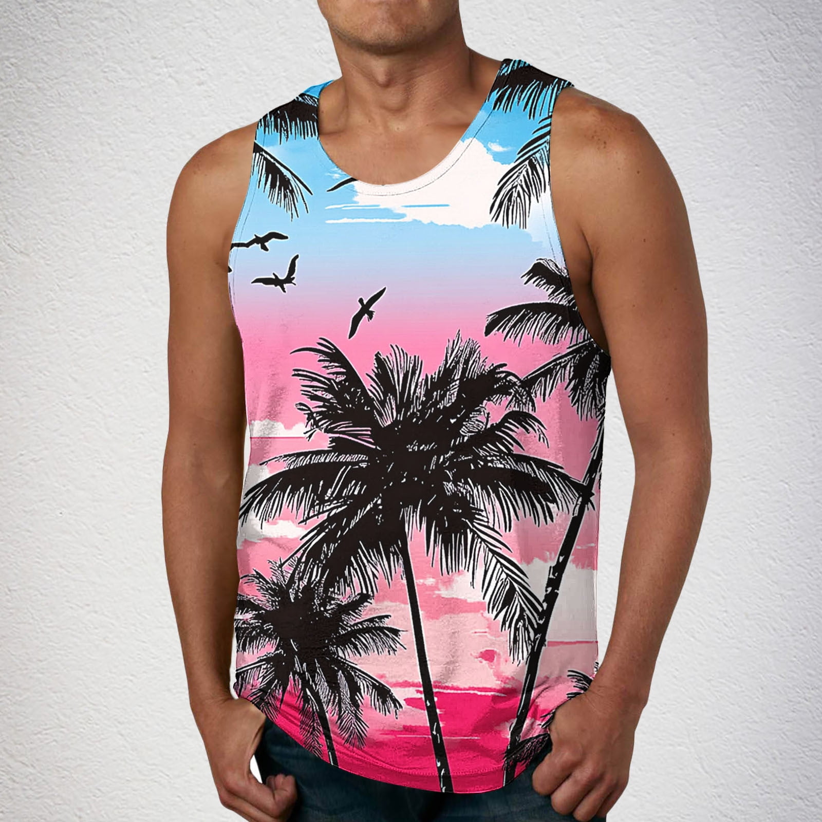 cllios Beach Shirts for Men Sleeveless Tank Tops Tropical Palm Tree Graphic Tees Stretch Crew ...