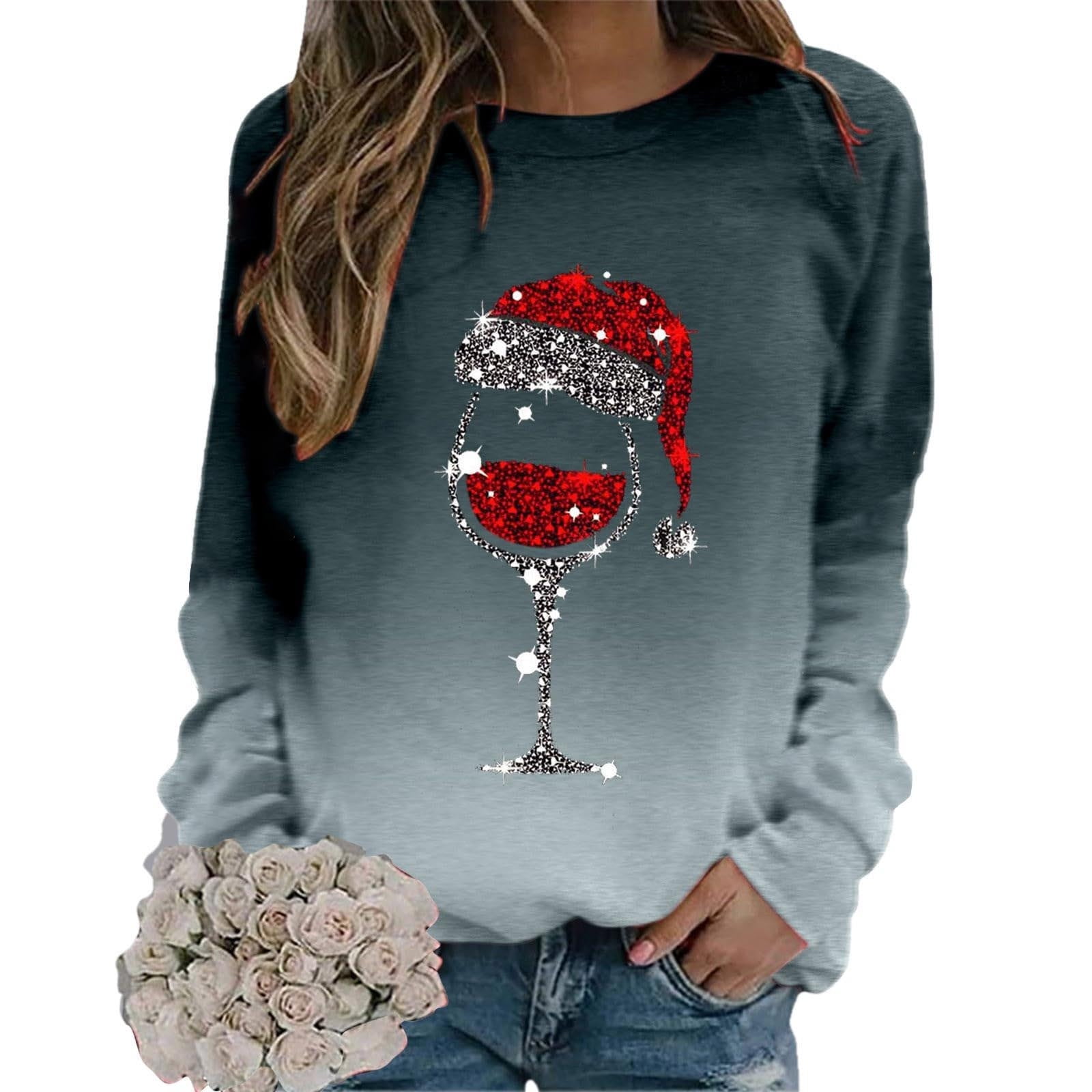 cllios Christmas Sweatshirts for Women 2024 Red Wine Glass Graphic Ugly ...