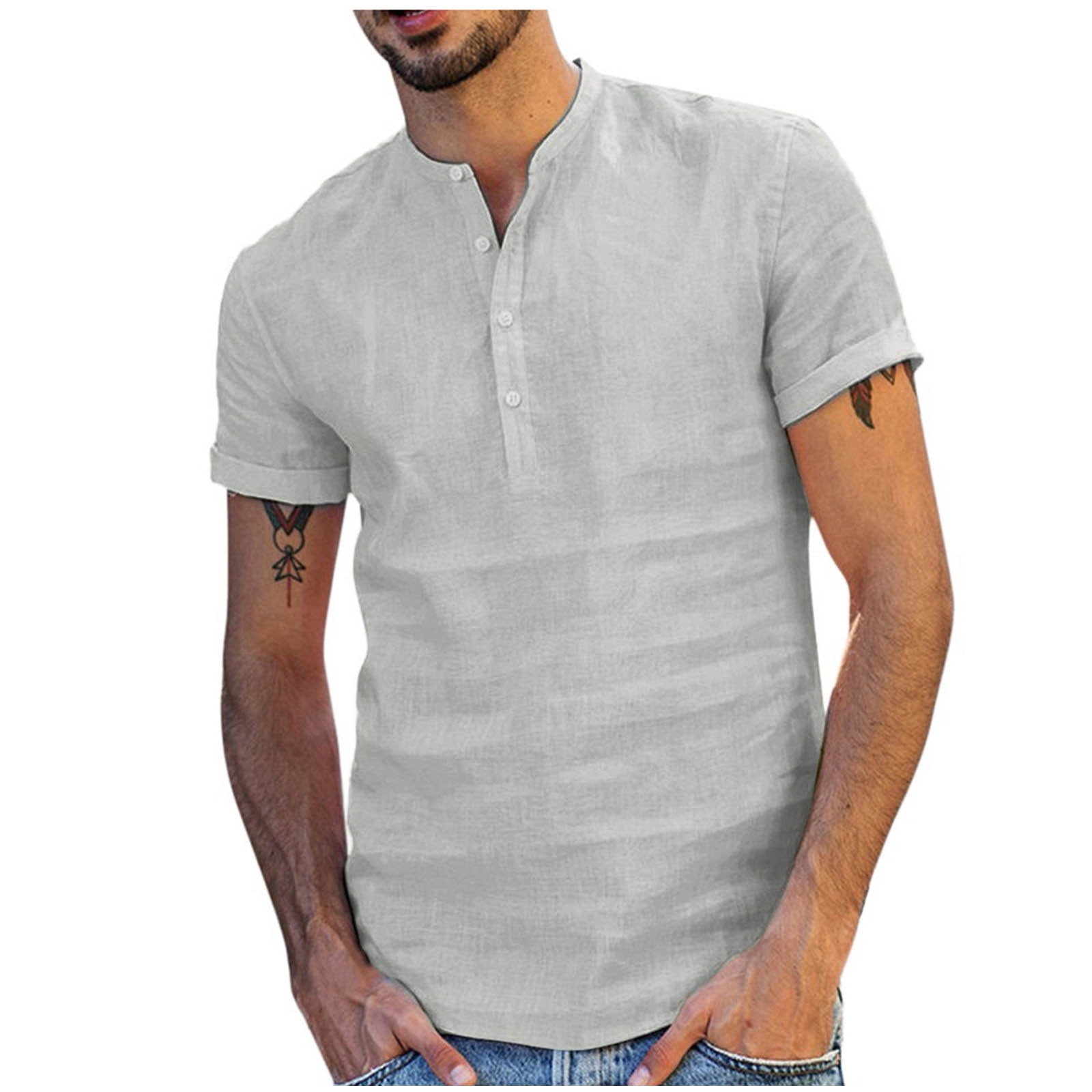 cllios Cotton Linen Henley Shirts for Men, Men's Beach Shirts-Casual Short Sleeve Shirt ...