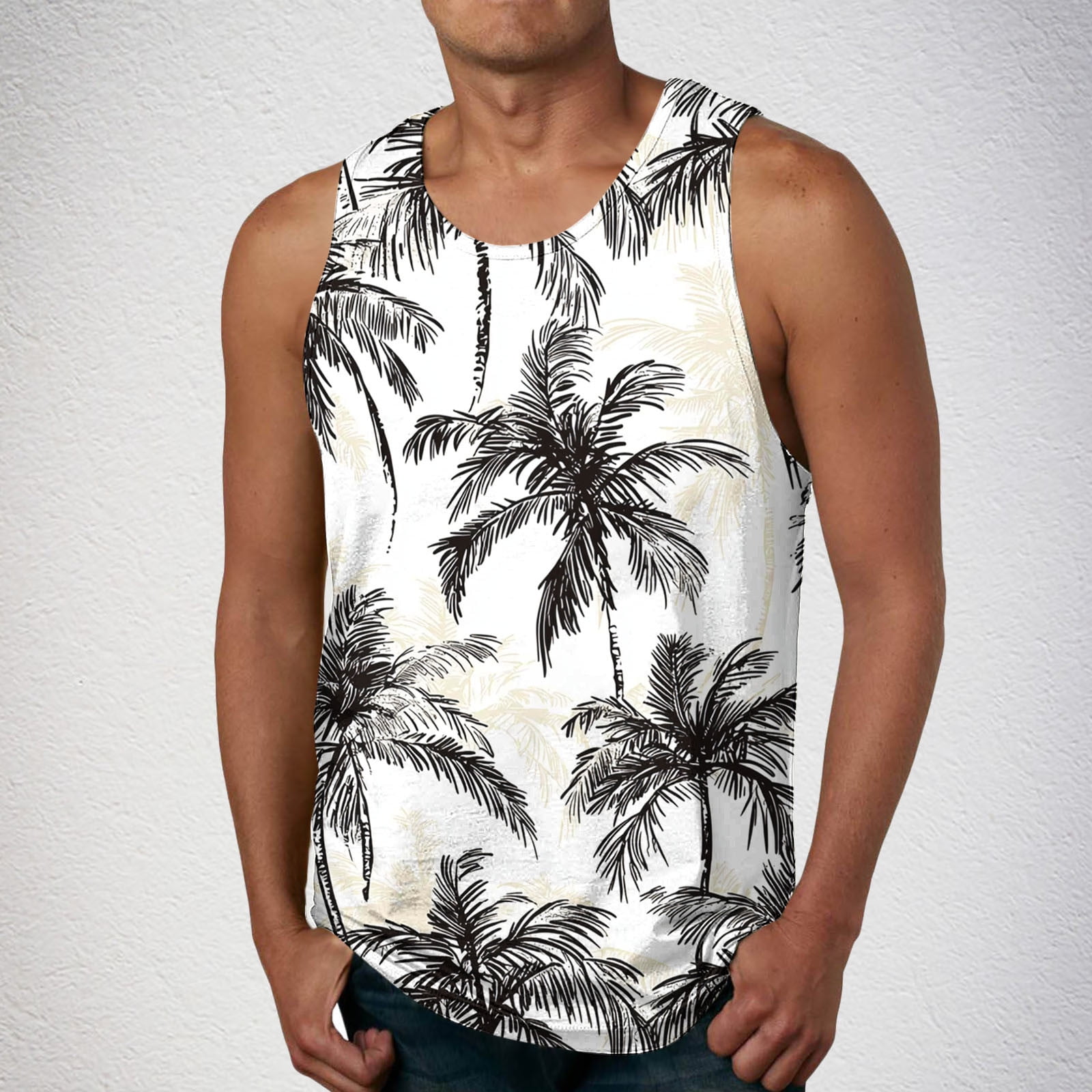 cllios Hawaiian Tank Tops Men Palm Tree Tropical Beach Wear Lightweight Sleeveless Workout ...