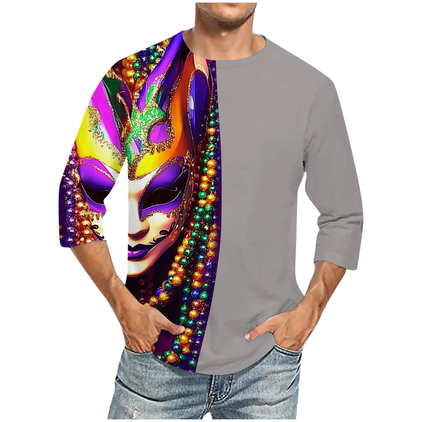 cllios Mardi Gras T-Shirts for Men Long Sleeve Funny Mask Graphic Tees ...