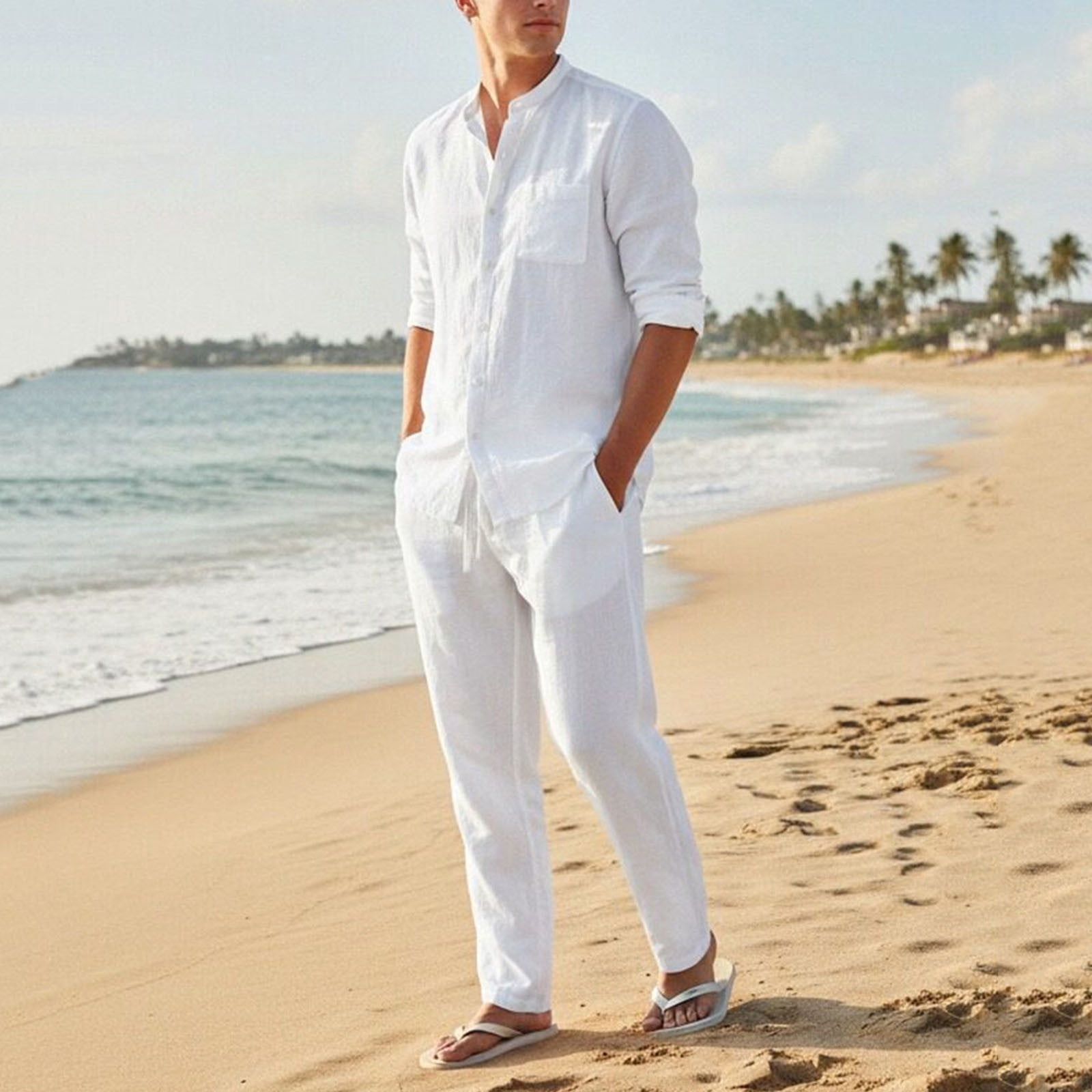 cllios Men 2 Piece Linen Outfit Beach Button Down Shirt Casual Loose ...
