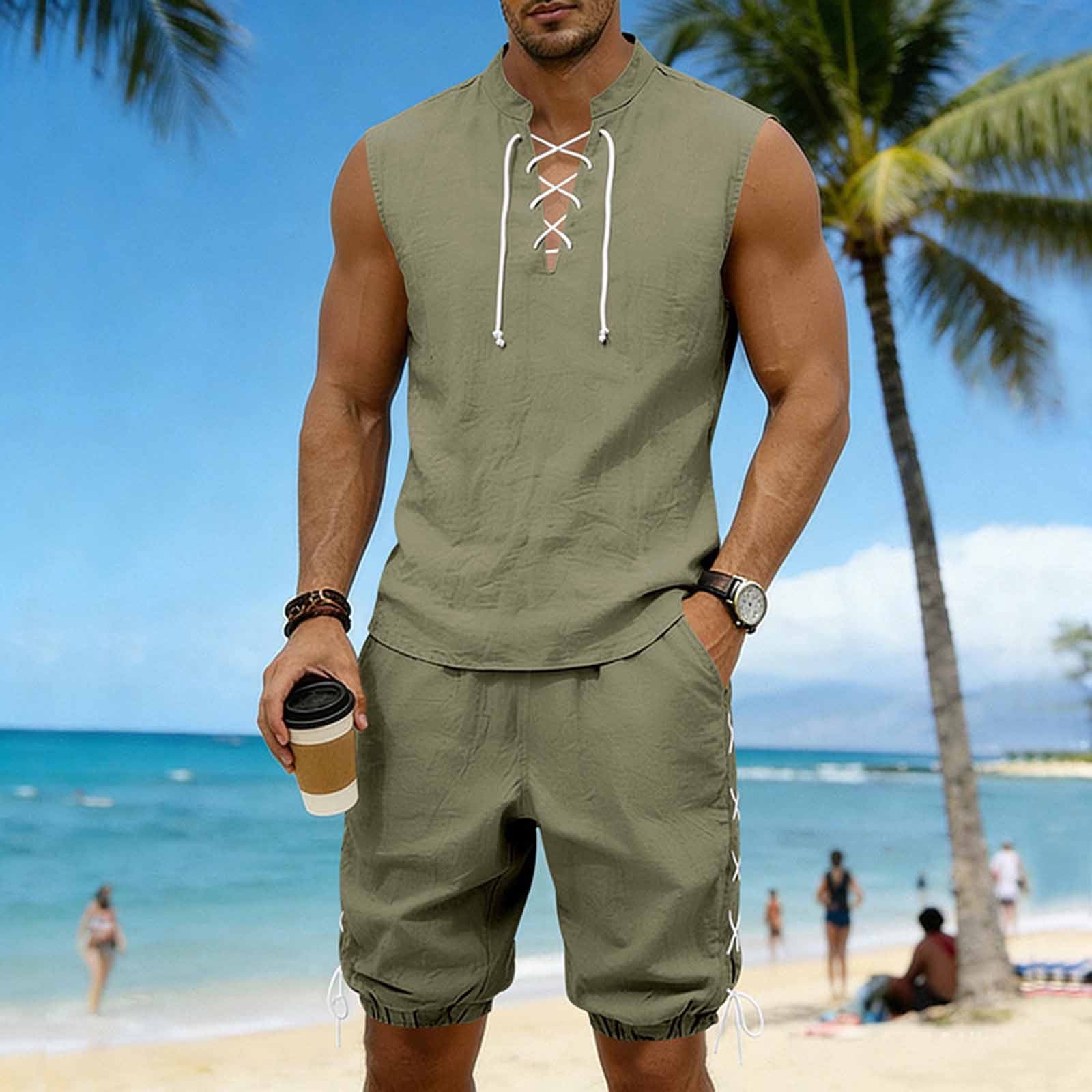cllios Men 2 Piece Outfit for Summer Linen Boho Retro Lace up Tank Tops ...