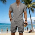 cllios Men Linen Short Set 2 Piece Outfit Vintage Lace up Notch V Neck ...