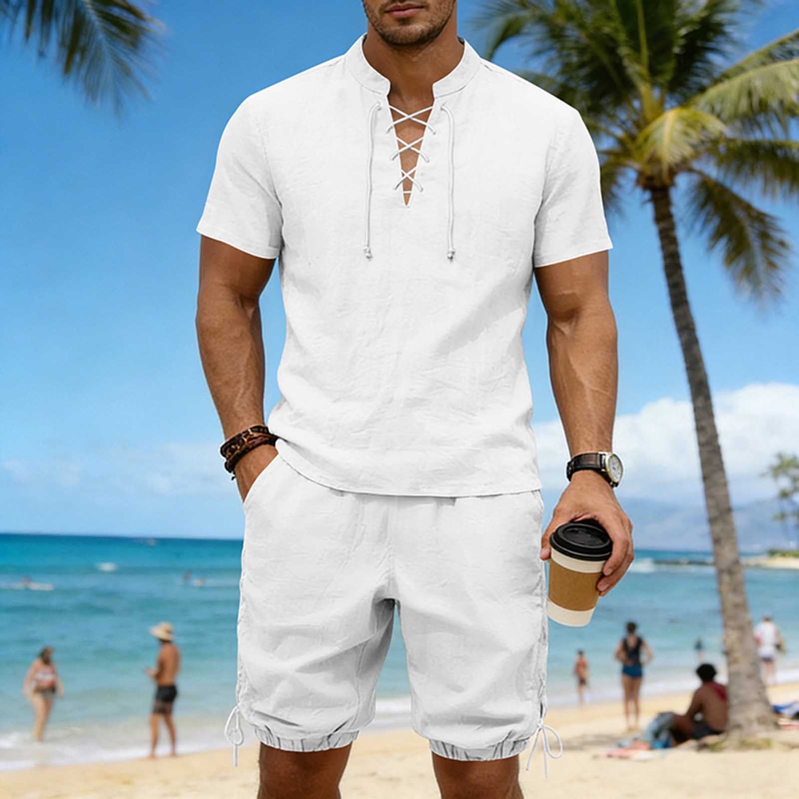 cllios Men Linen Short Set 2 Piece Outfit Vintage Lace up Notch V Neck ...