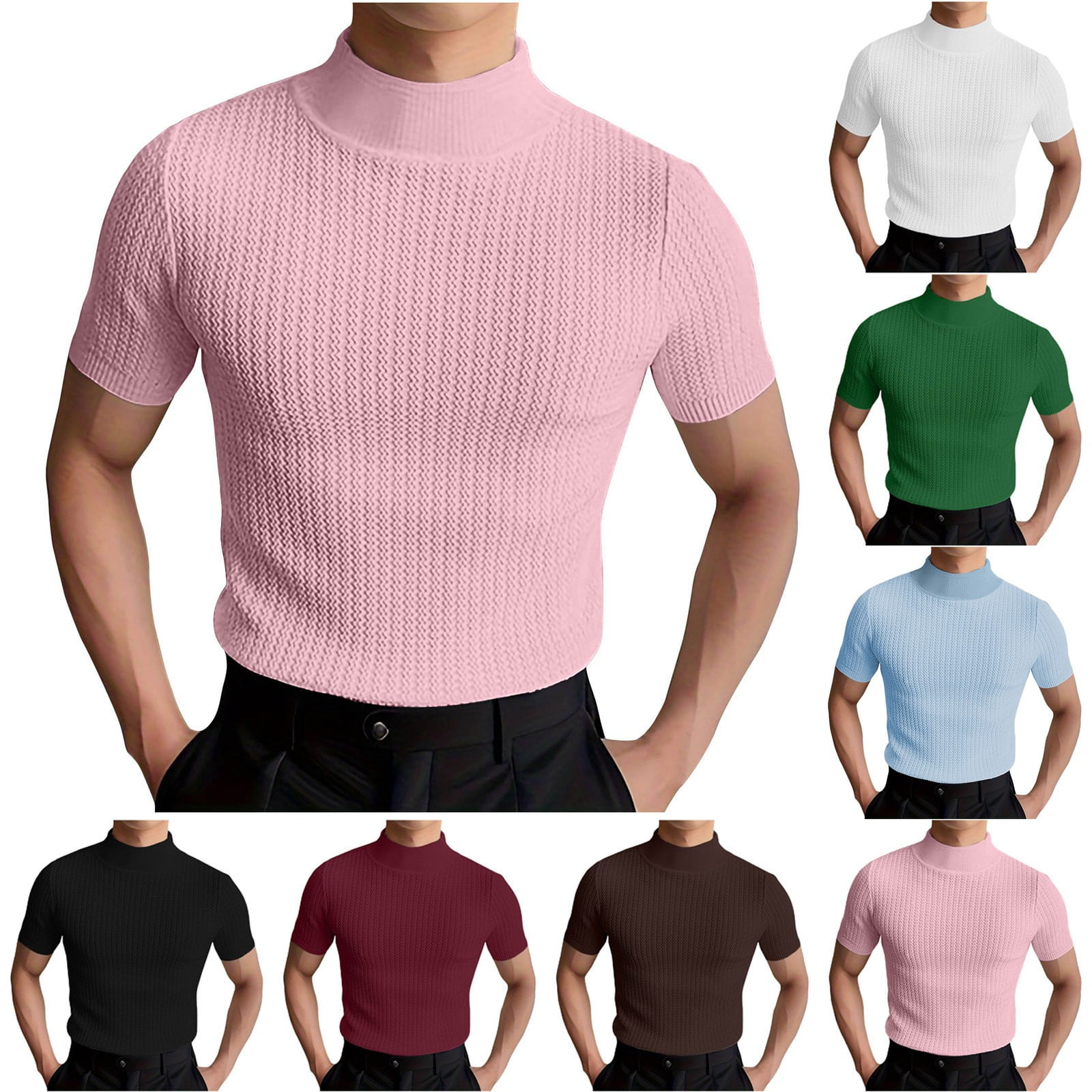 cllios Men Mock Turtleneck Tshirt Ribbed High Collar Short Sleeve ...